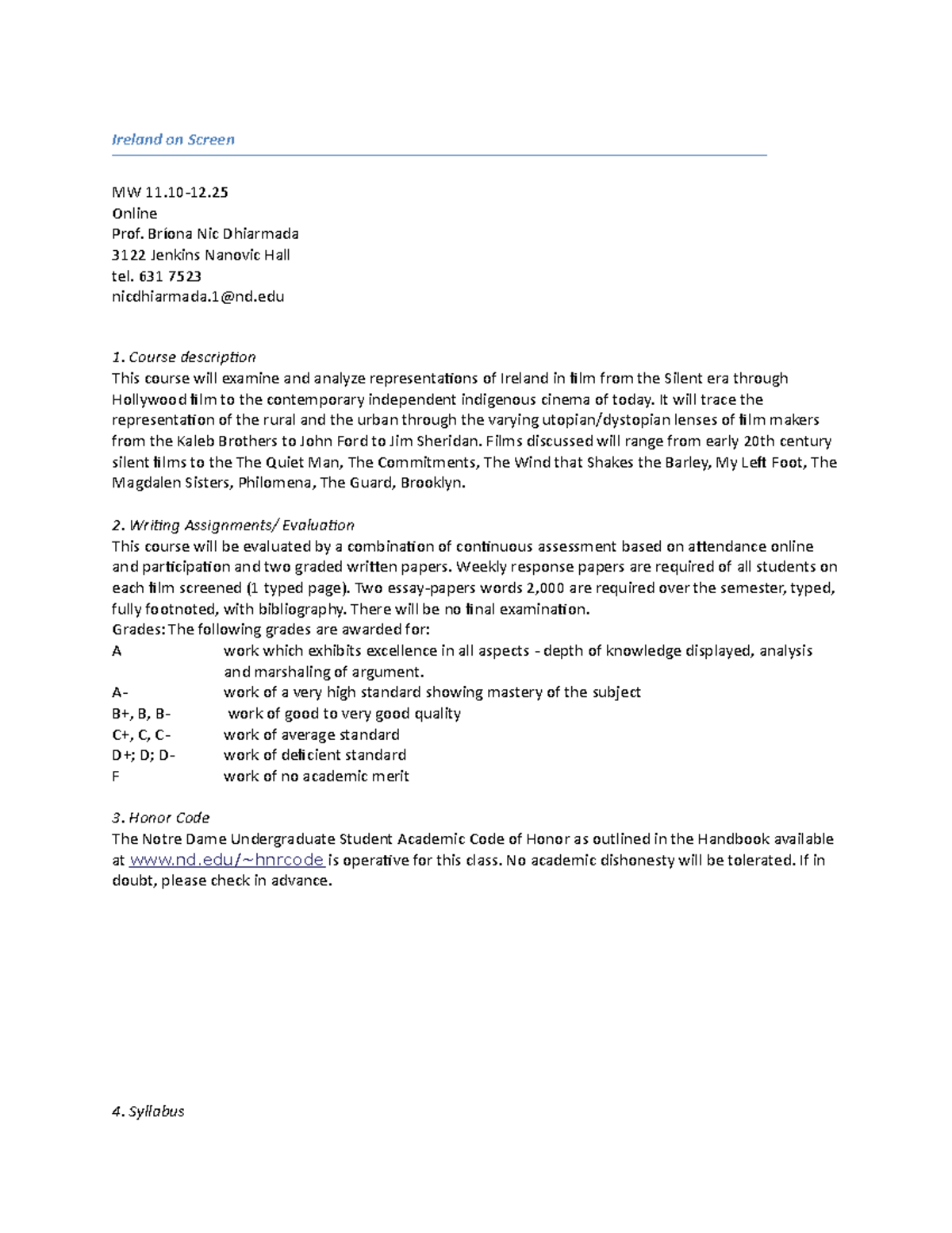 Syllabus Ireland on Screen Spring 2021 - Ireland on Screen MW 11-12 ...