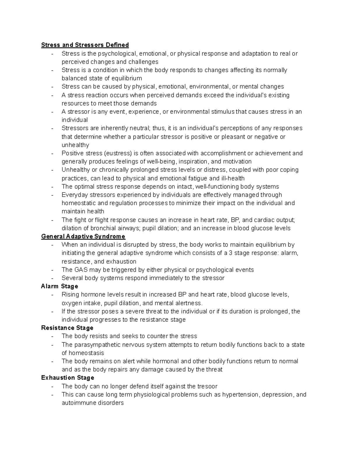 EF Stress and Coping - Dr. Williams's Class- lecture notes - Stress and ...