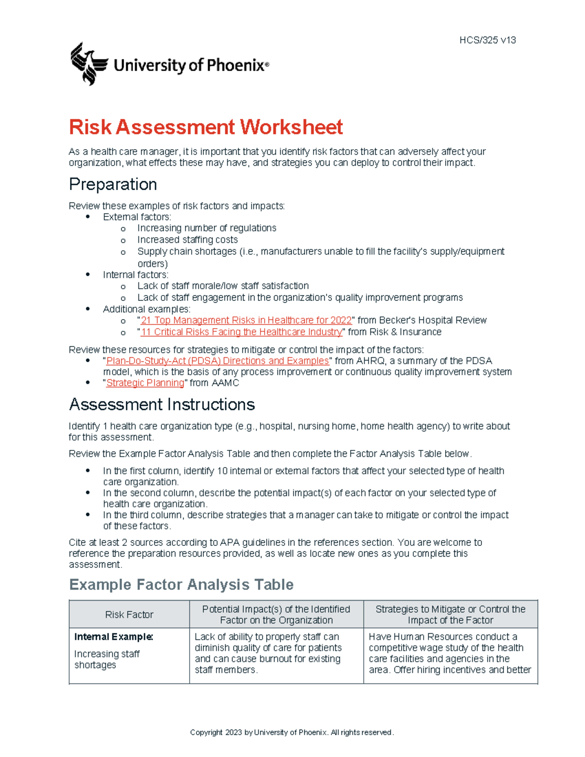 HCS Wekk assessment completed - HCS/325 v Risk Assessment Worksheet As ...