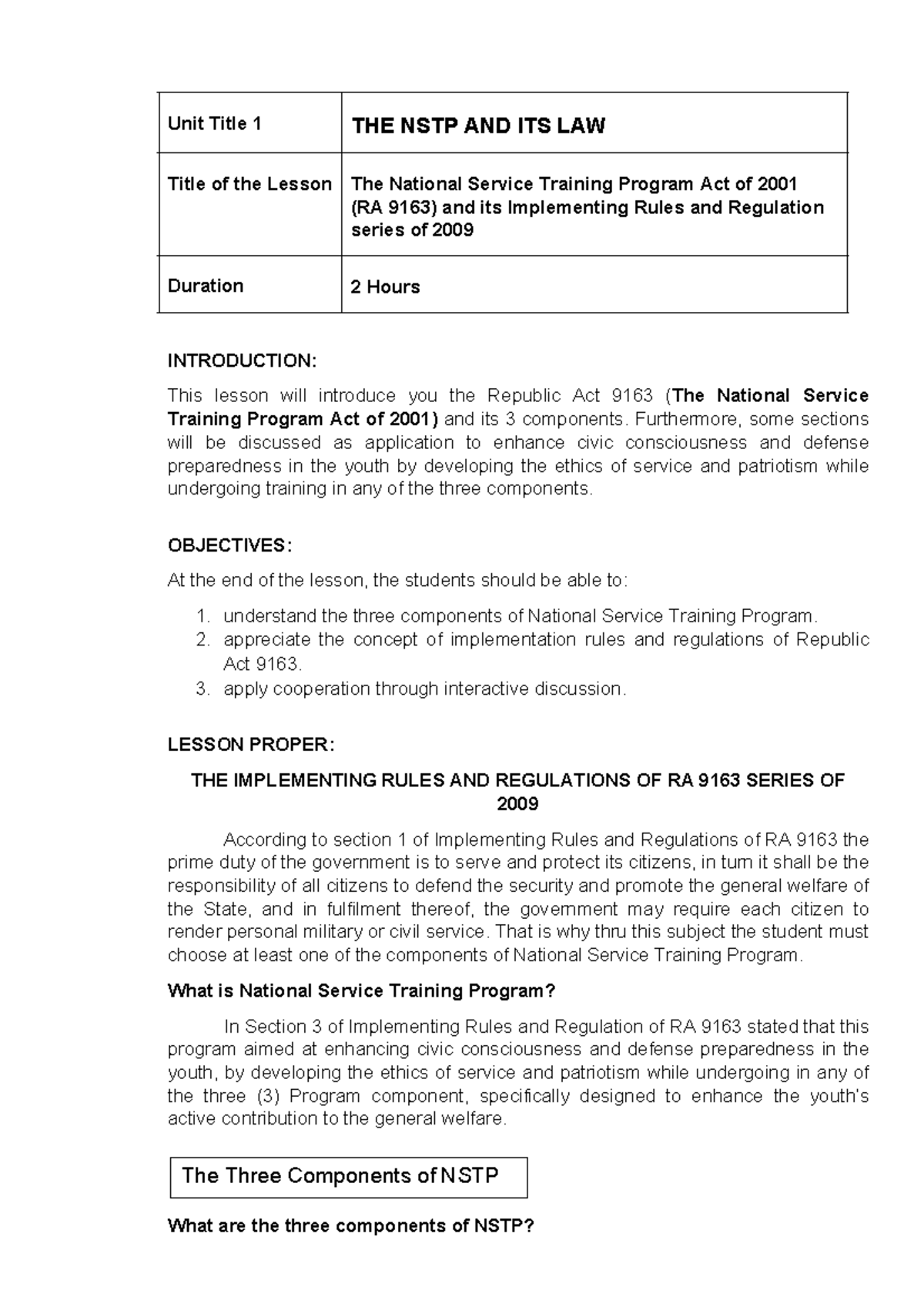 National Service Training Program - Furthermore, some sections will be ...