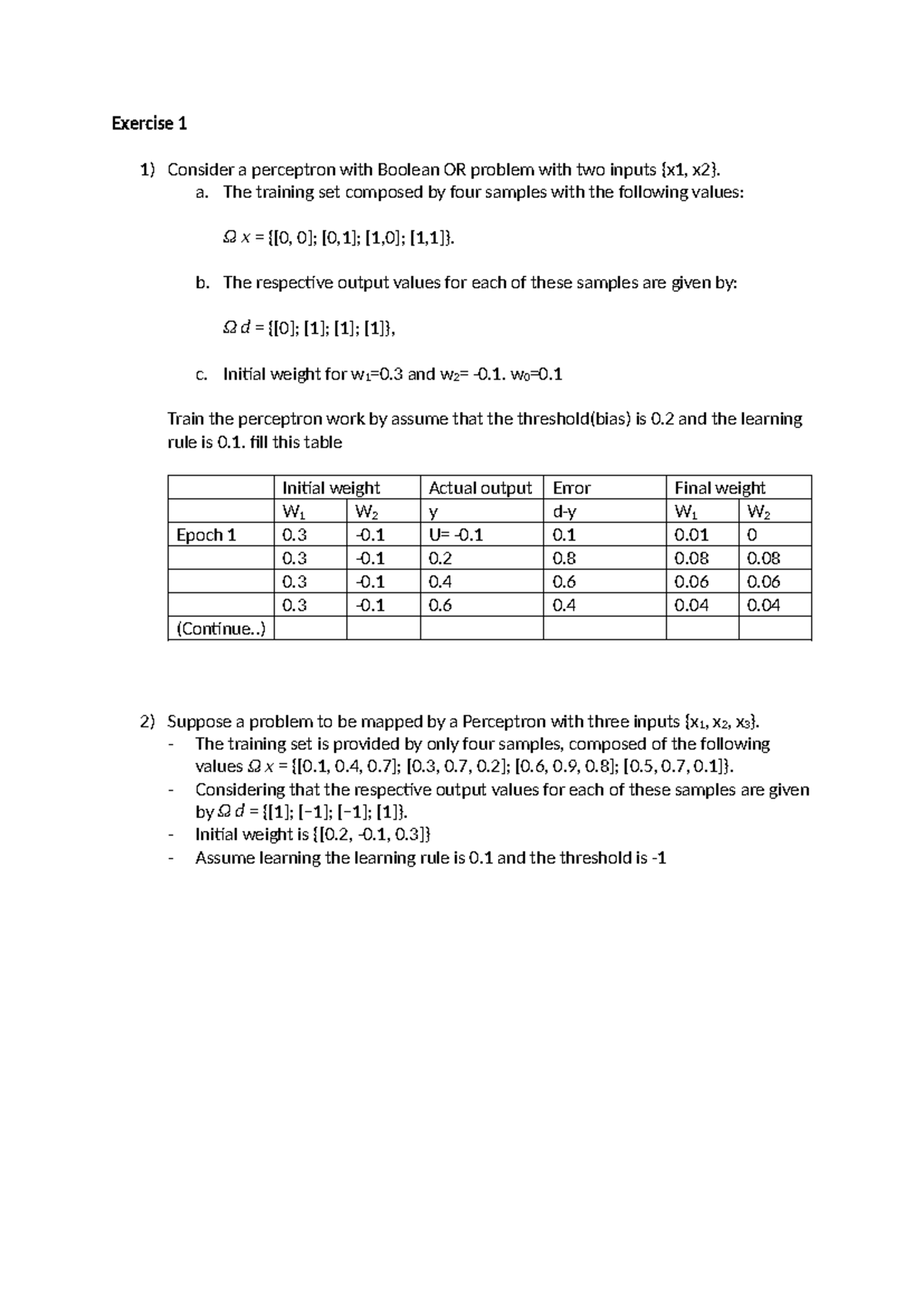 Exercise Perceptron - Exercise 1 1) Consider a perceptron with Boolean OR problem with two ...