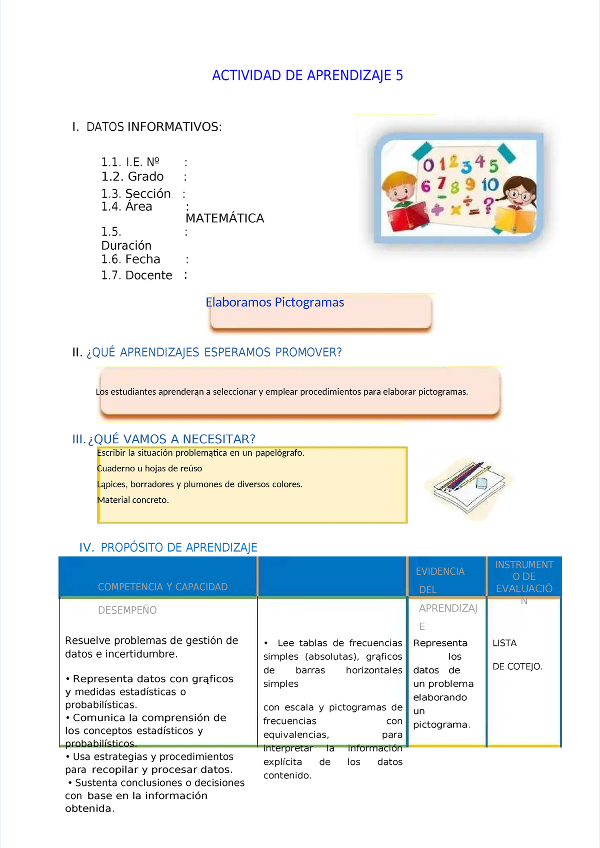 Pictogramas - ACTIVIDAD DE APRENDIZAJE 5 I. DATOS INFORMATIVOS: 1. I ...