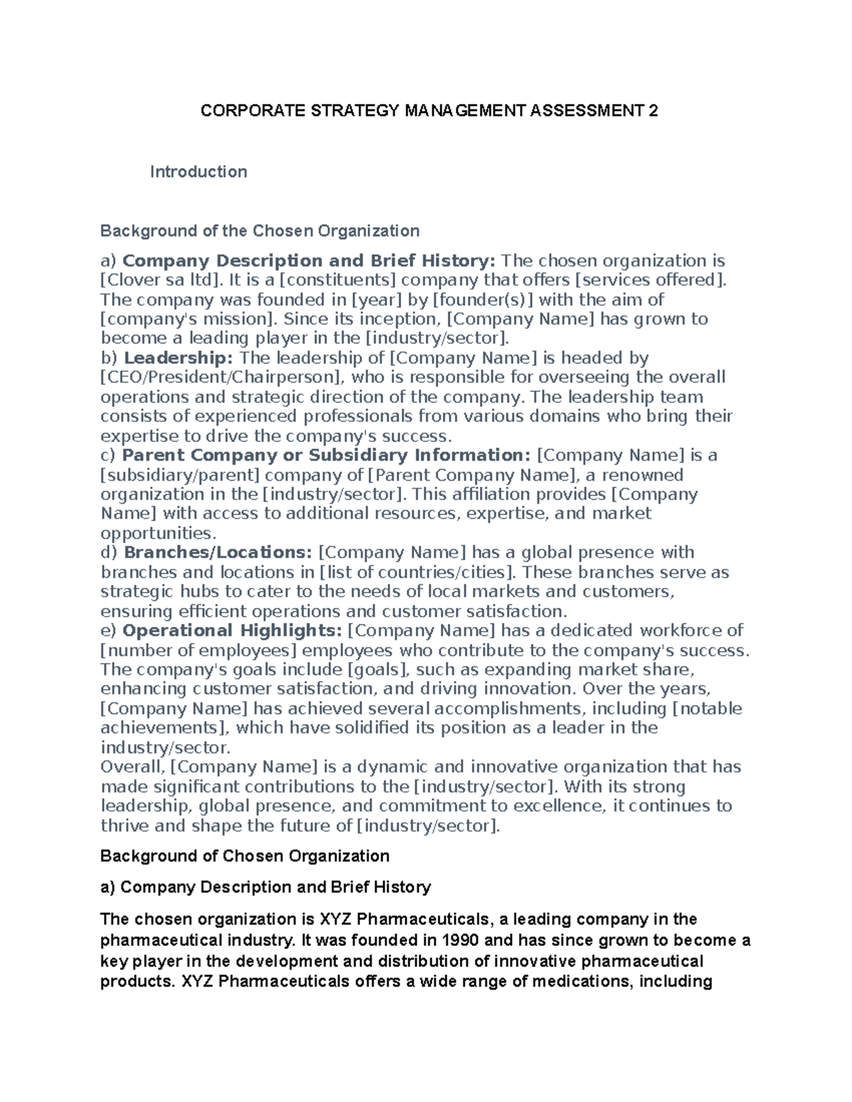 Corporate strategy project assessment 2 - CORPORATE STRATEGY MANAGEMENT ...