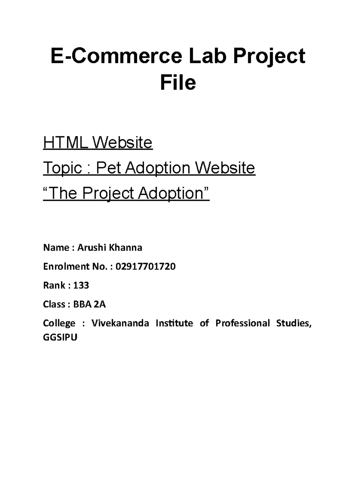 E-Commerce Lab Project - E-Commerce Lab Project File HTML Website Topic : Pet Adoption Website ...