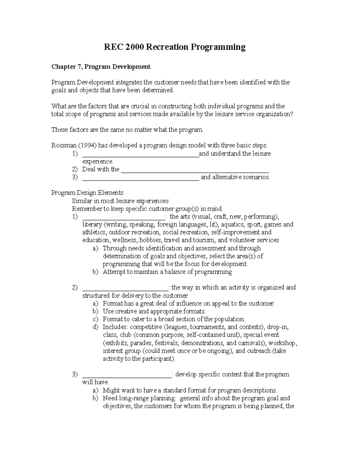 Chpt. 7 notes, students - REC 2000 Recreation Programming Chapter 7 ...
