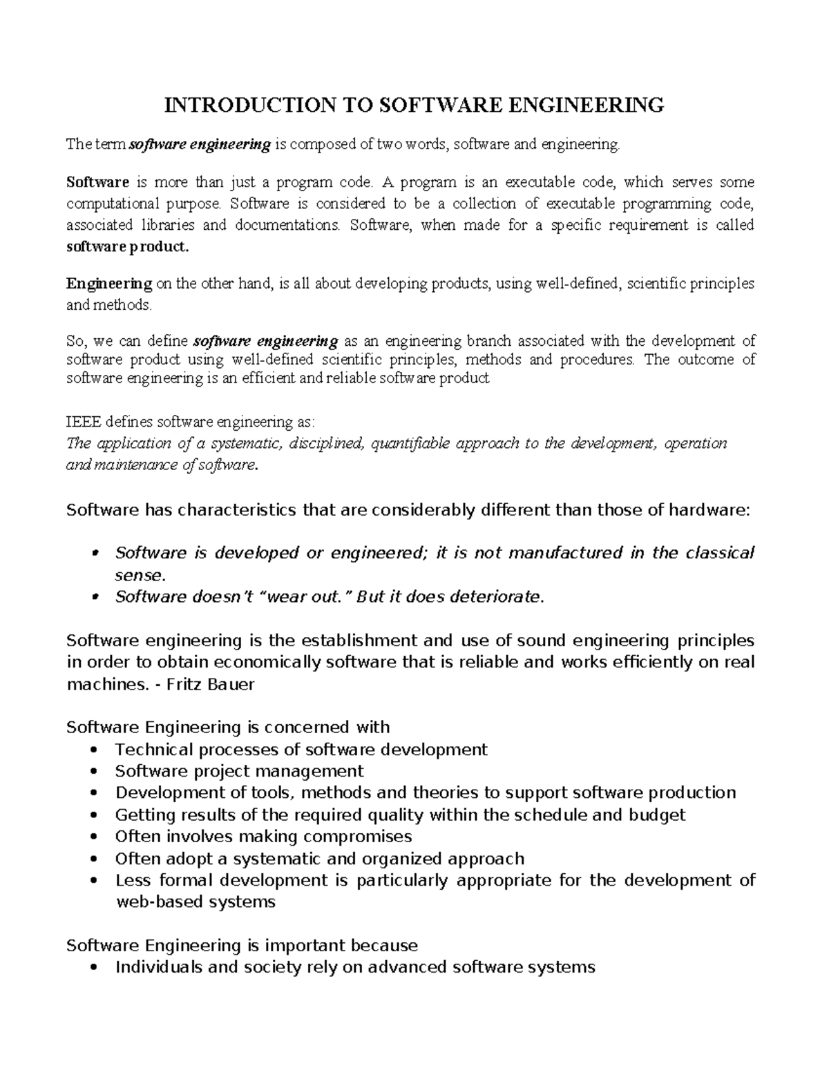 Introduction TO Software Engineering - INTRODUCTION TO SOFTWARE ...