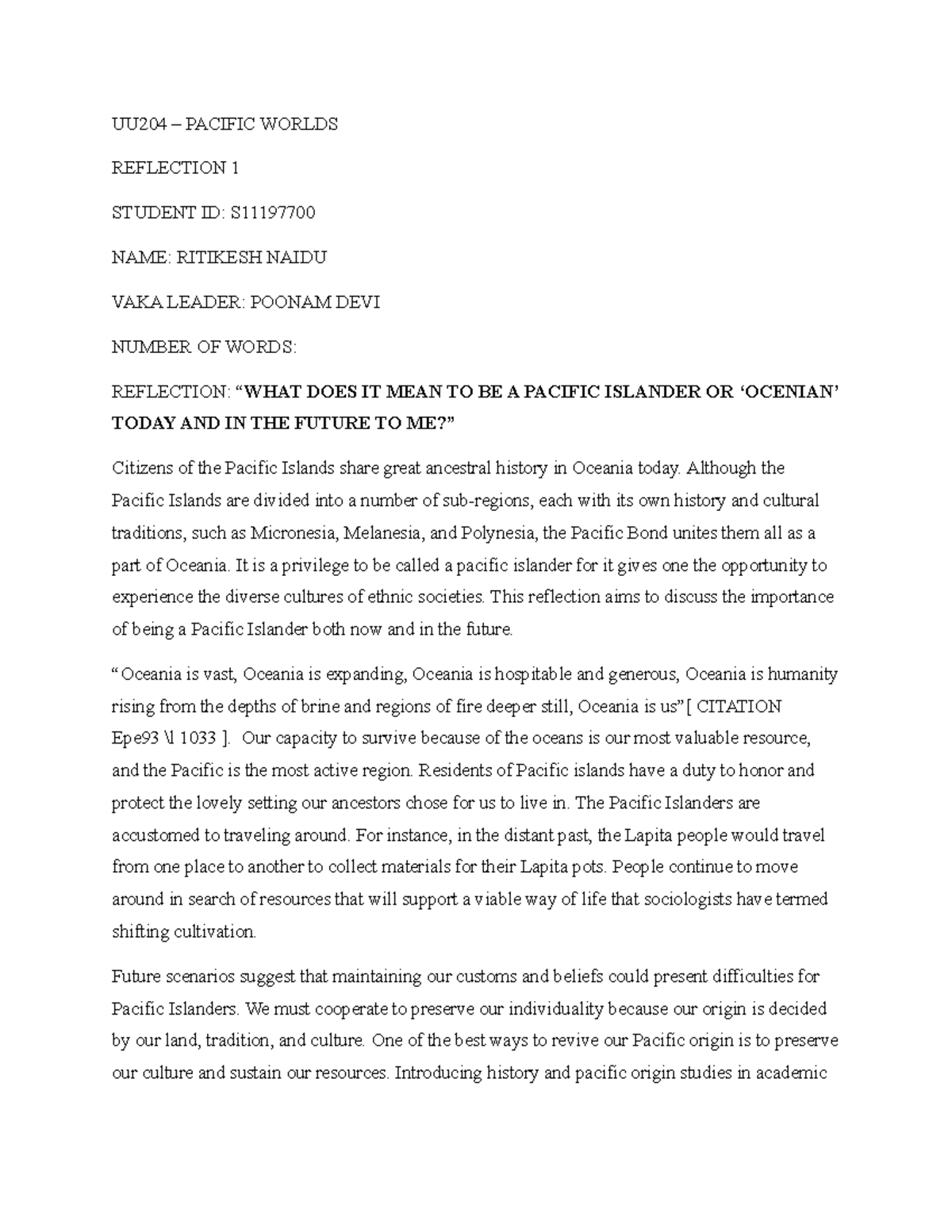 UU204 reflection 1 - Reflction 1 - UU204 – PACIFIC WORLDS REFLECTION 1 ...