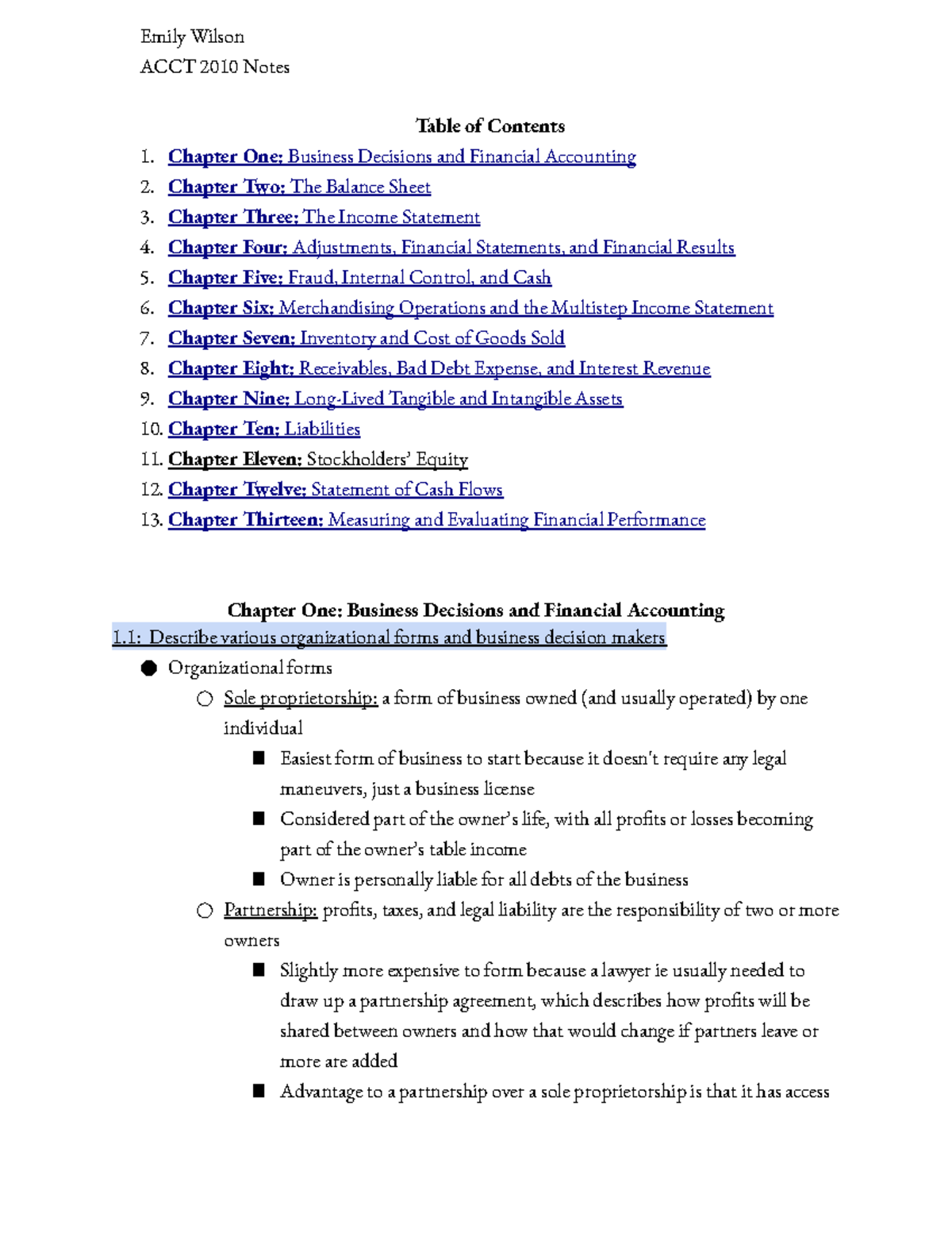 ACCT 2010 Notes - ACCT 2010 Notes Table of Contents Chapter One ...