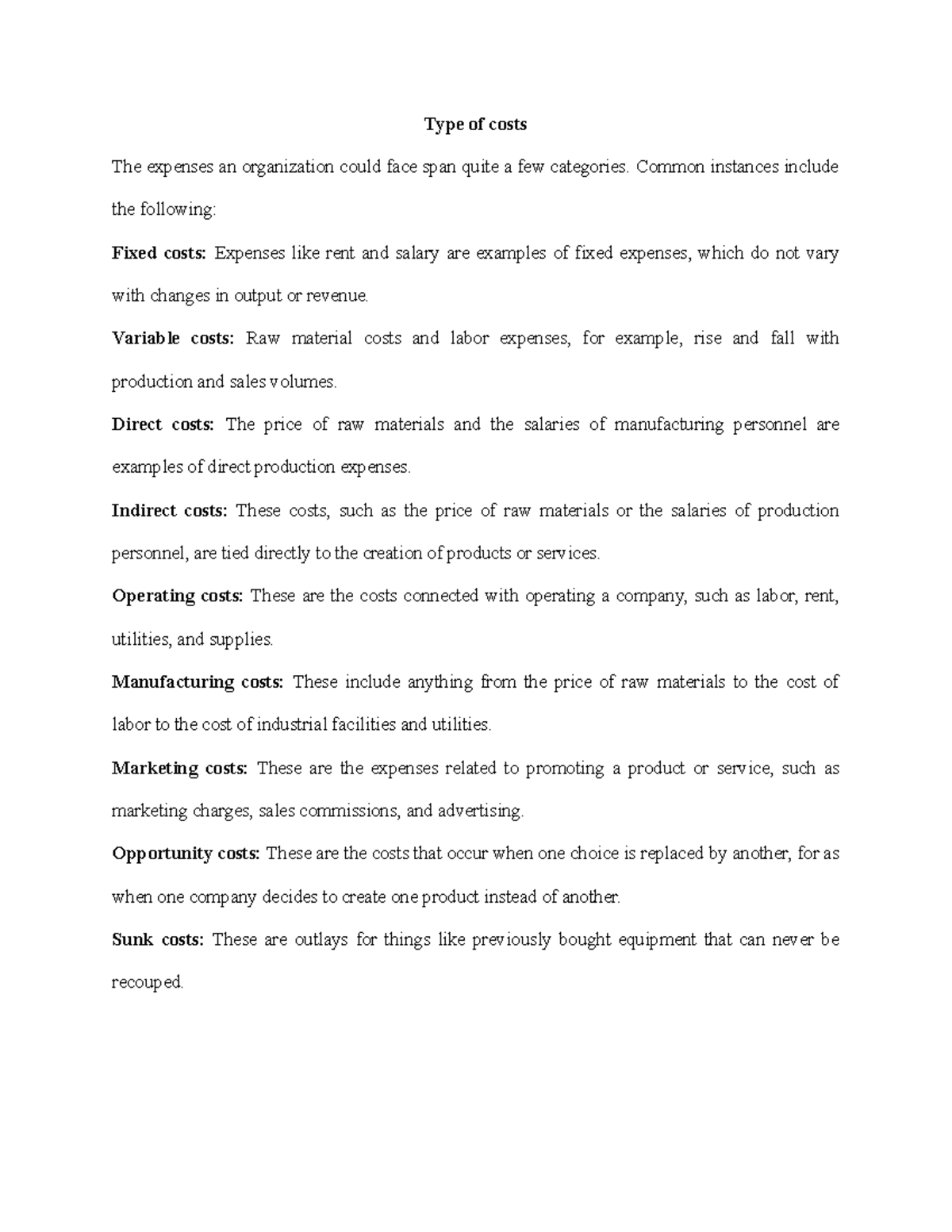 Type of costs - its all about FNP - Type of costs The expenses an ...