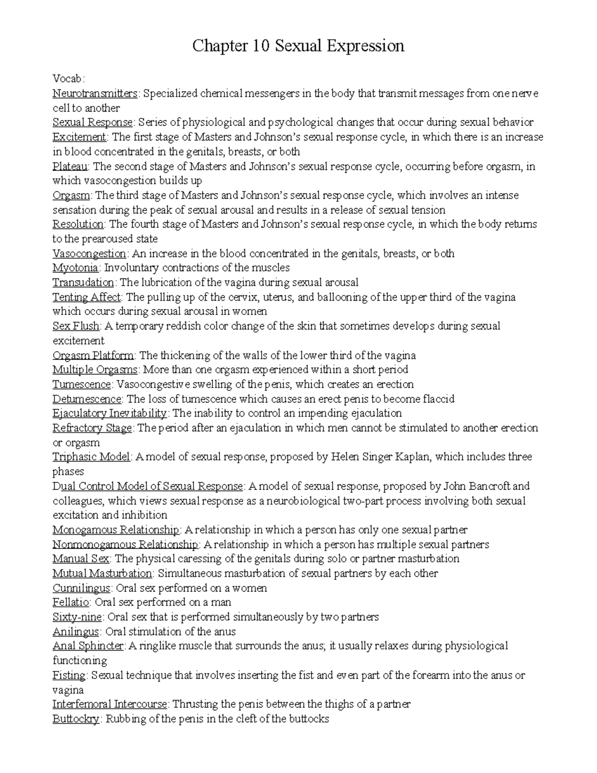 Chapter 10 Sexual Expression - Chapter 10 Sexual Expression Vocab: Neurotransmitters ...