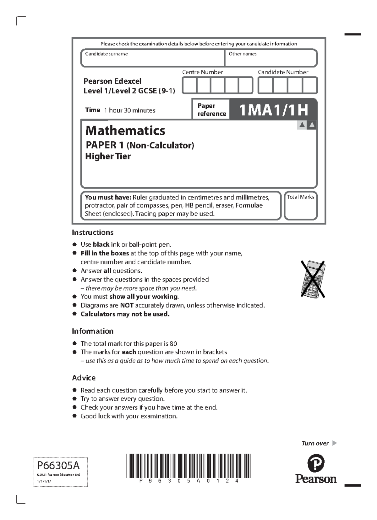 Edexcel GCSE Maths Higher Paper 1 June 2022 - P66305A0124 Turn over ...
