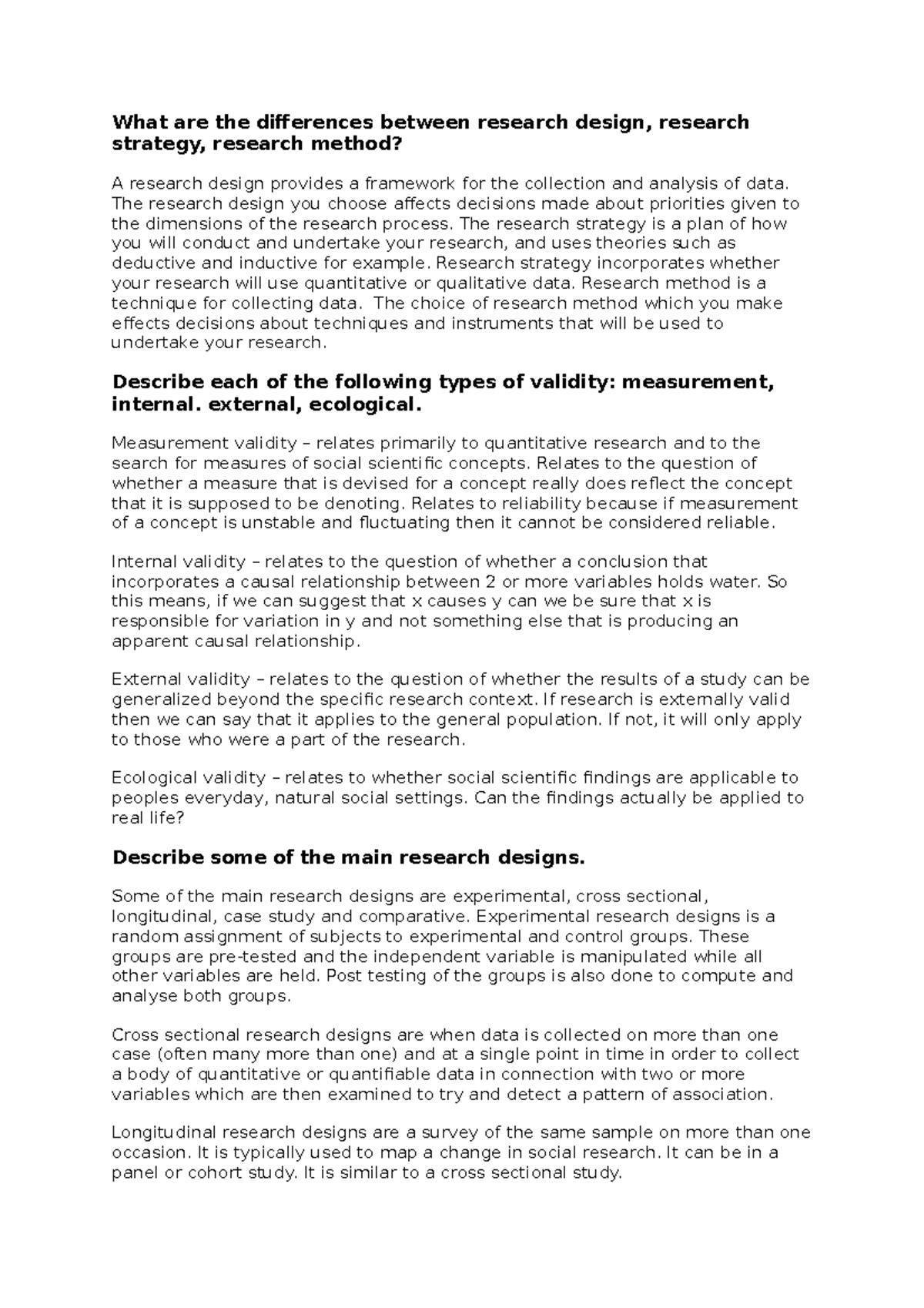 Notes for test 2 - What are the differences between research design ...