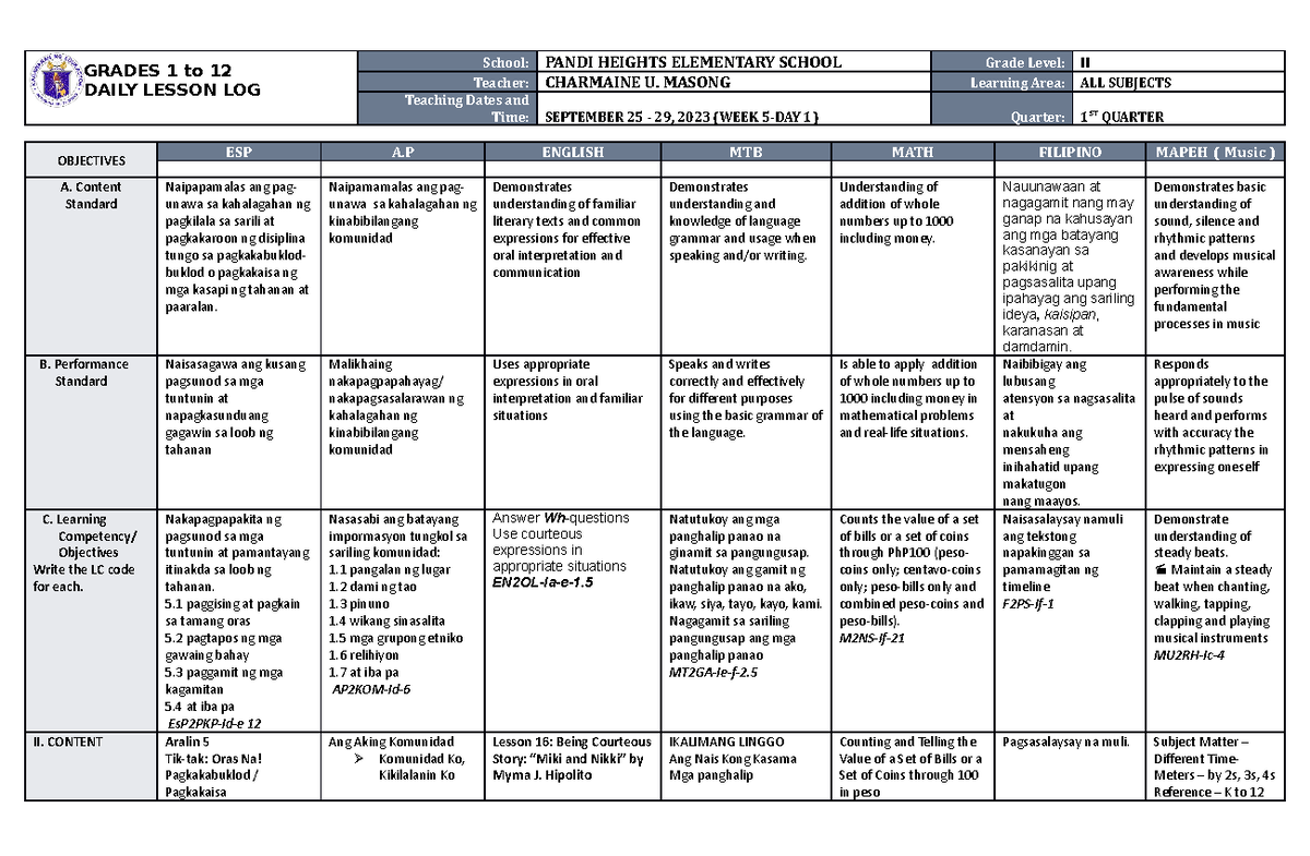 DLL ALL Subjects 2 Q1 W5 D1 - GRADES 1 to 12 DAILY LESSON LOG School: PANDI HEIGHTS ELEMENTARY ...
