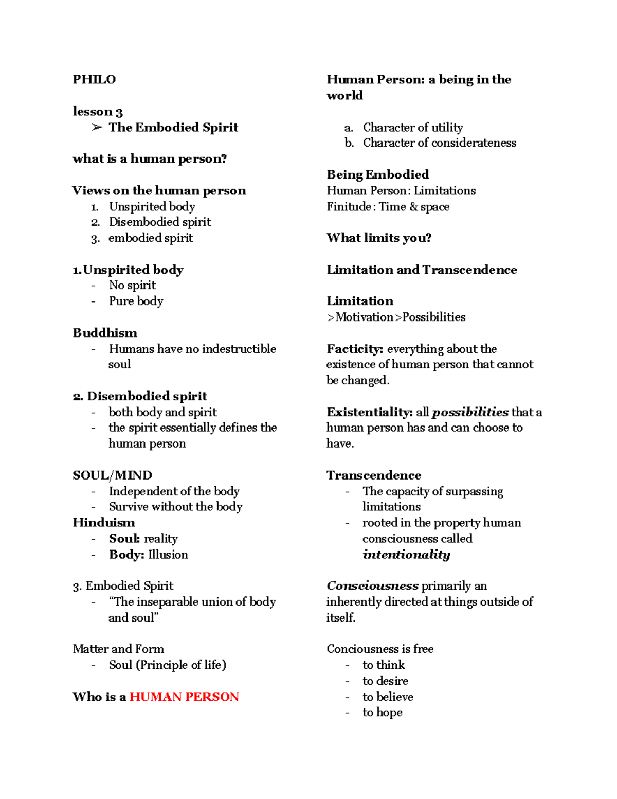 Philo - Summary - PHILO lesson 3 The Embodied Spirit what is a human person? Views on the human ...