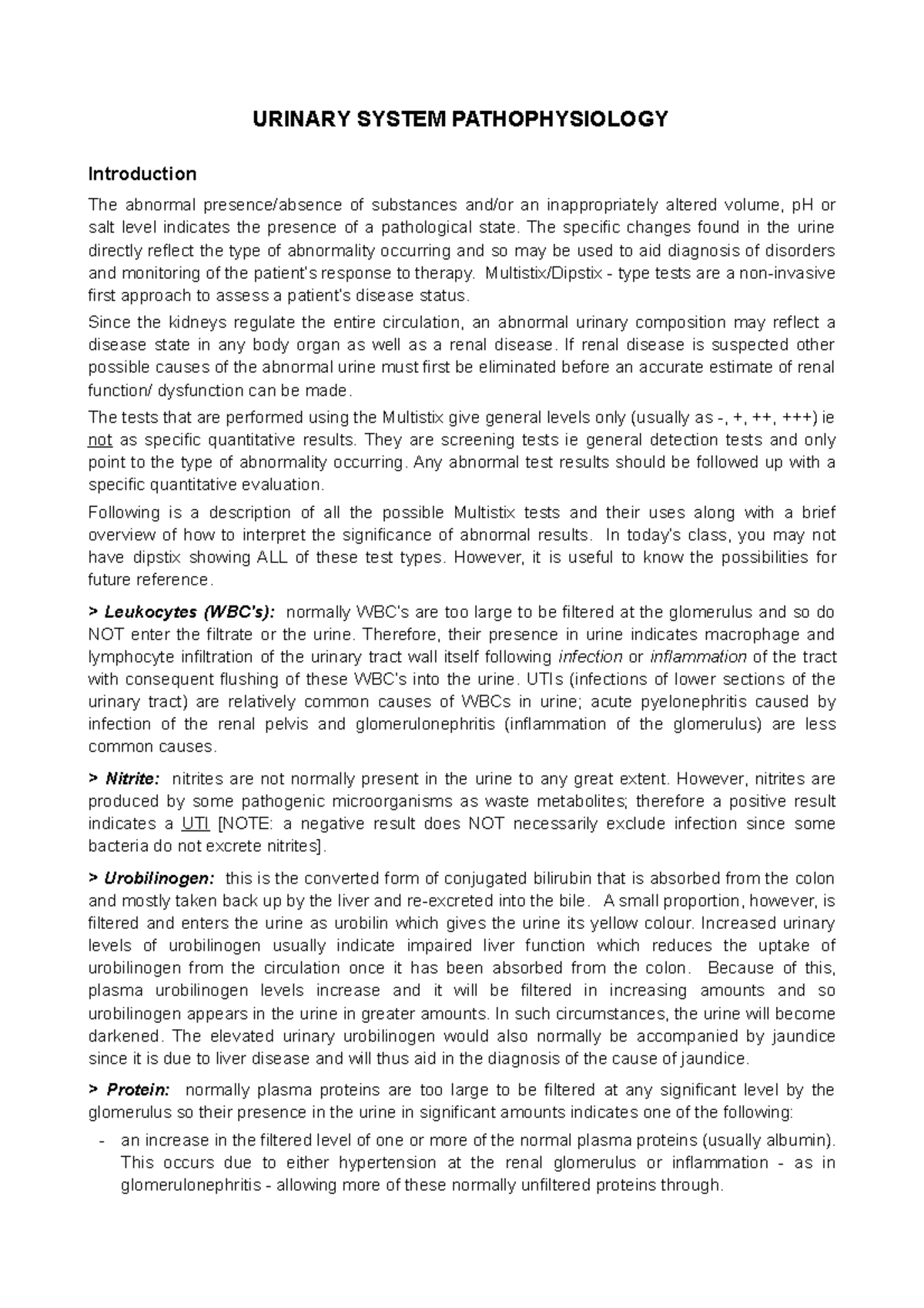 Week 5 - Urinary System worksheet - URINARY SYSTEM PATHOPHYSIOLOGY ...