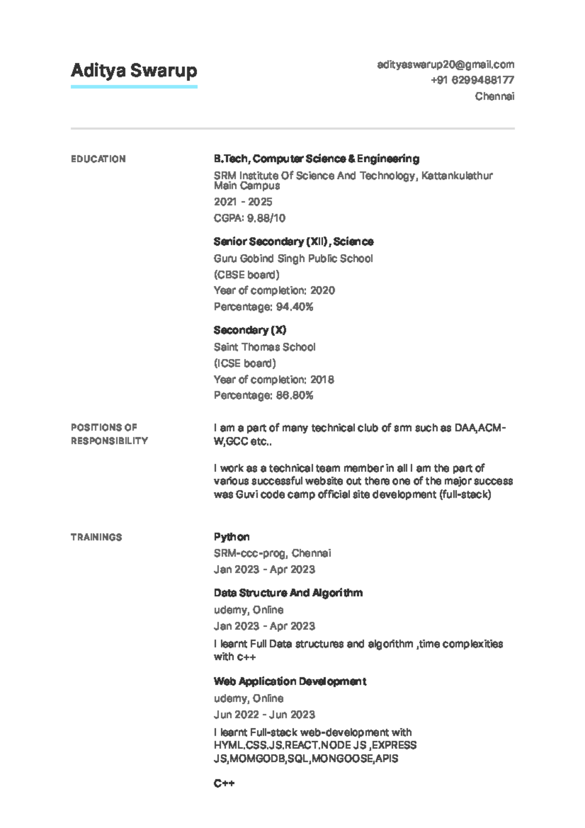 Aditya Swarup Internshala Resume - Aditya Swarup adityaswarup20@gmail ...