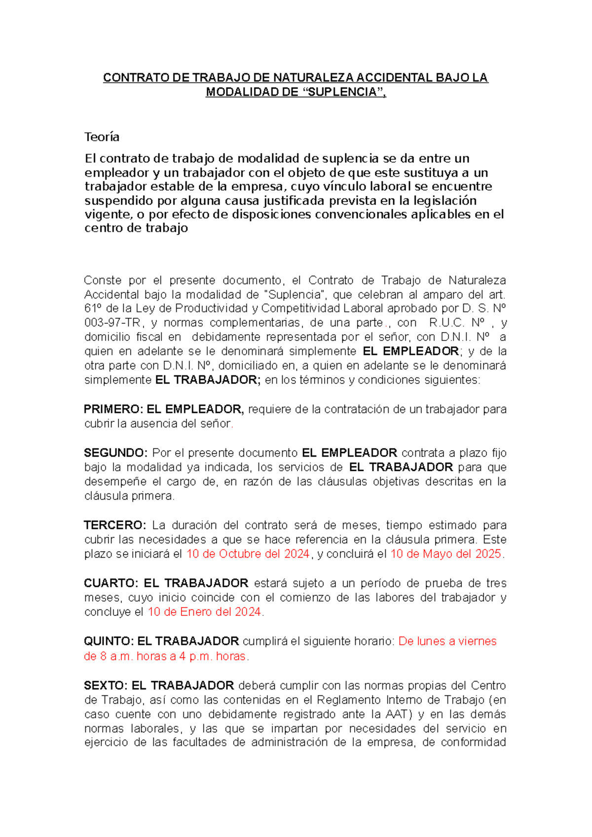Derecho contrato tem-supl - CONTRATO DE TRABAJO DE NATURALEZA ACCIDENTAL BAJO LA MODALIDAD DE ...