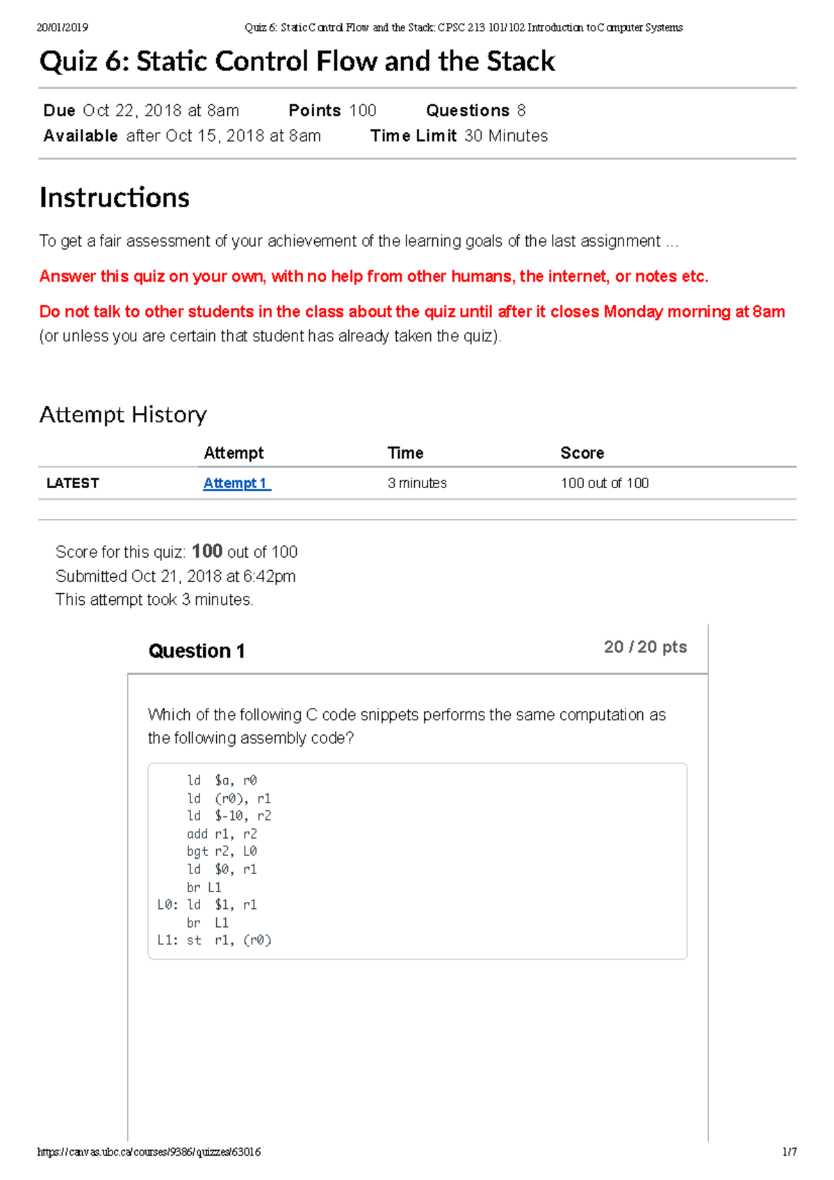 Quiz 6 Static Control Flow and the Stack CPSC 213 101 102 Introduction to Computer Systems - Studocu