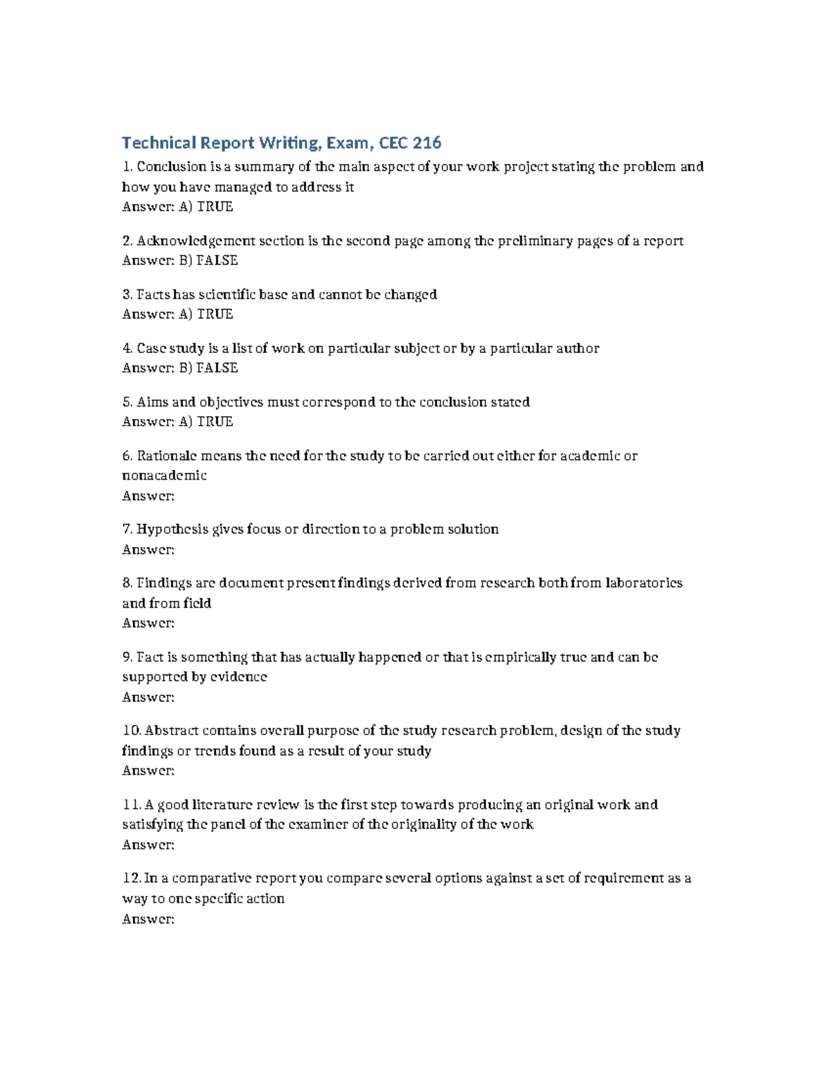 Technical Report Writing Exam CEC 216 Answers - Technical Report Writing, Exam, CEC 216 ...