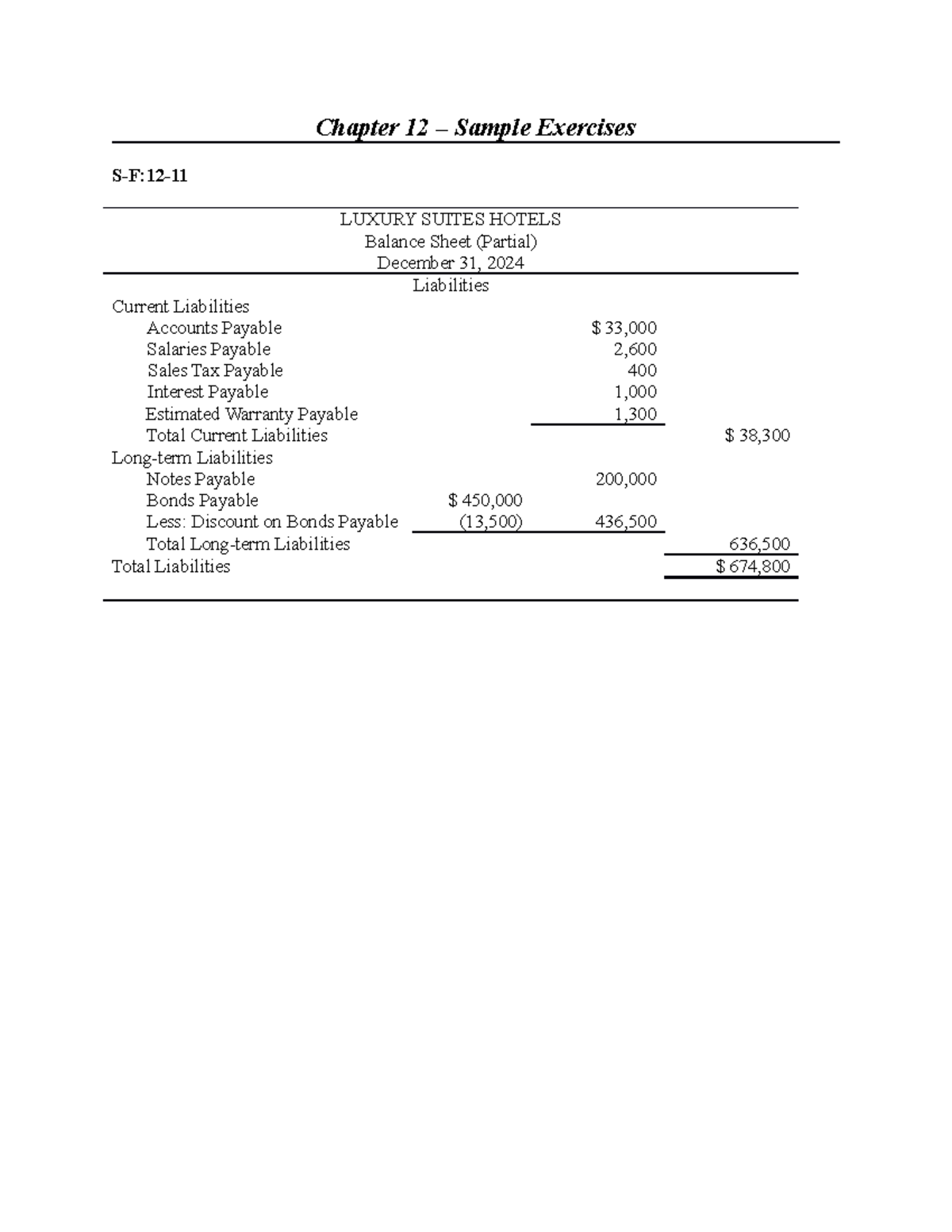 Chapter 12 - Sample Exercises - Chapter 12 – Sample Exercises ####### S-F:12- ####### LUXURY ...