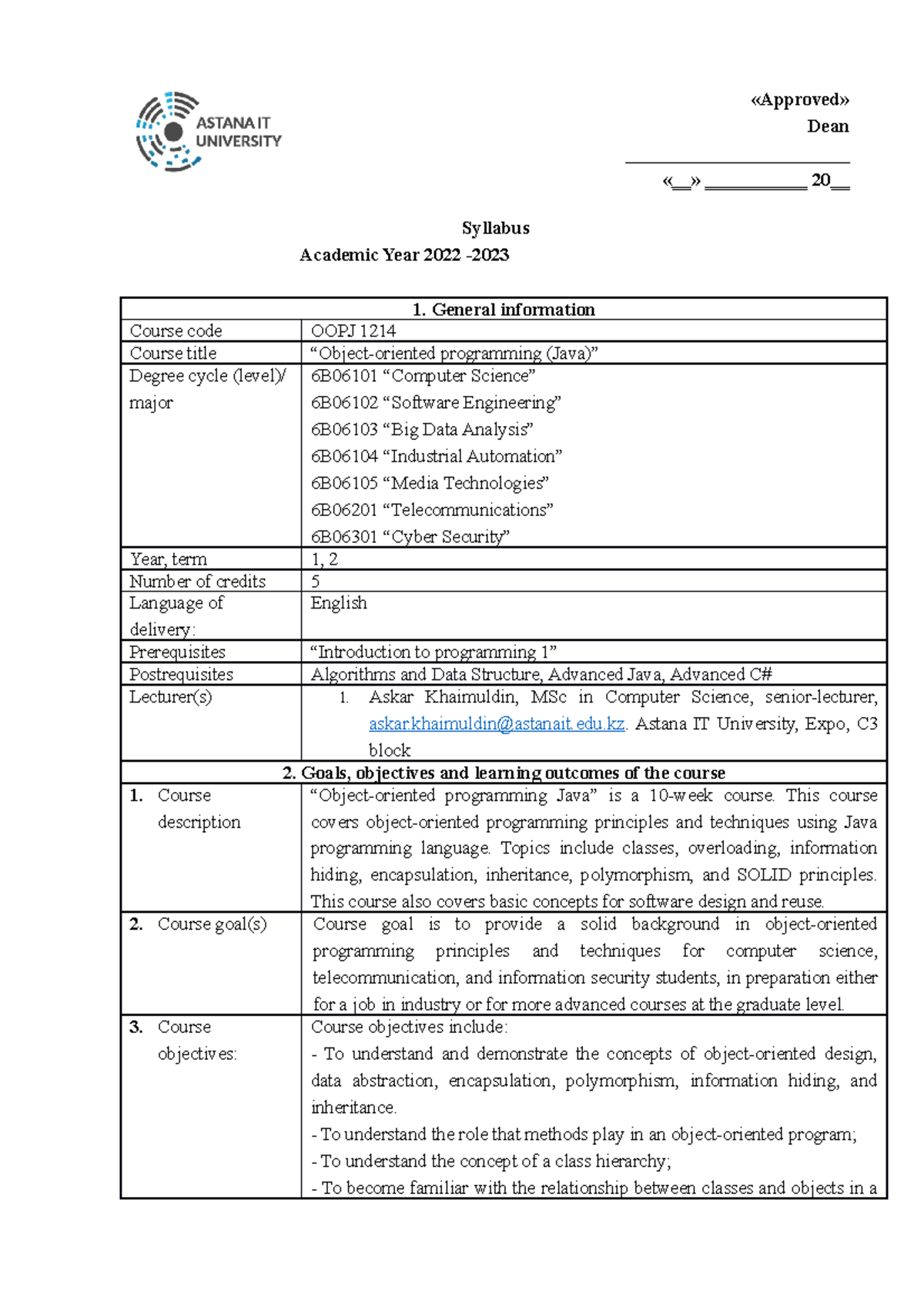 Syllabus OOP 2022-23 - Heus sjehsj - «Approved» Dean ...