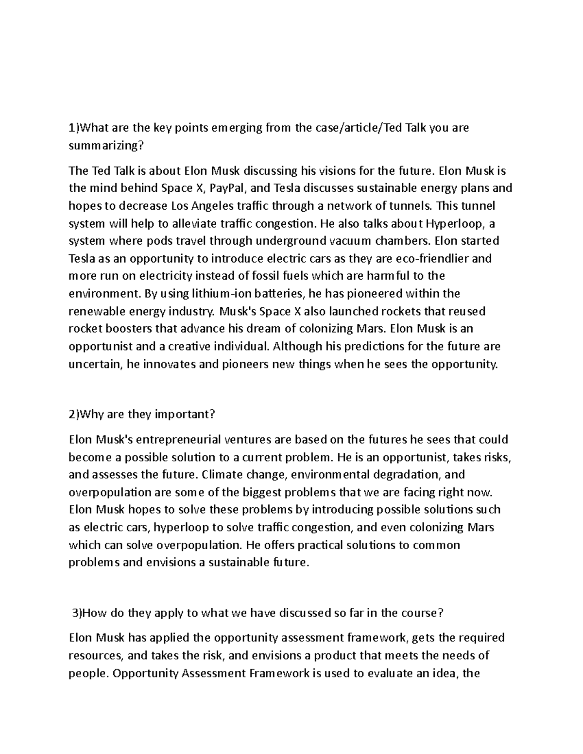 Summary - 1)What are the key points emerging from the case/aricle/Ted ...