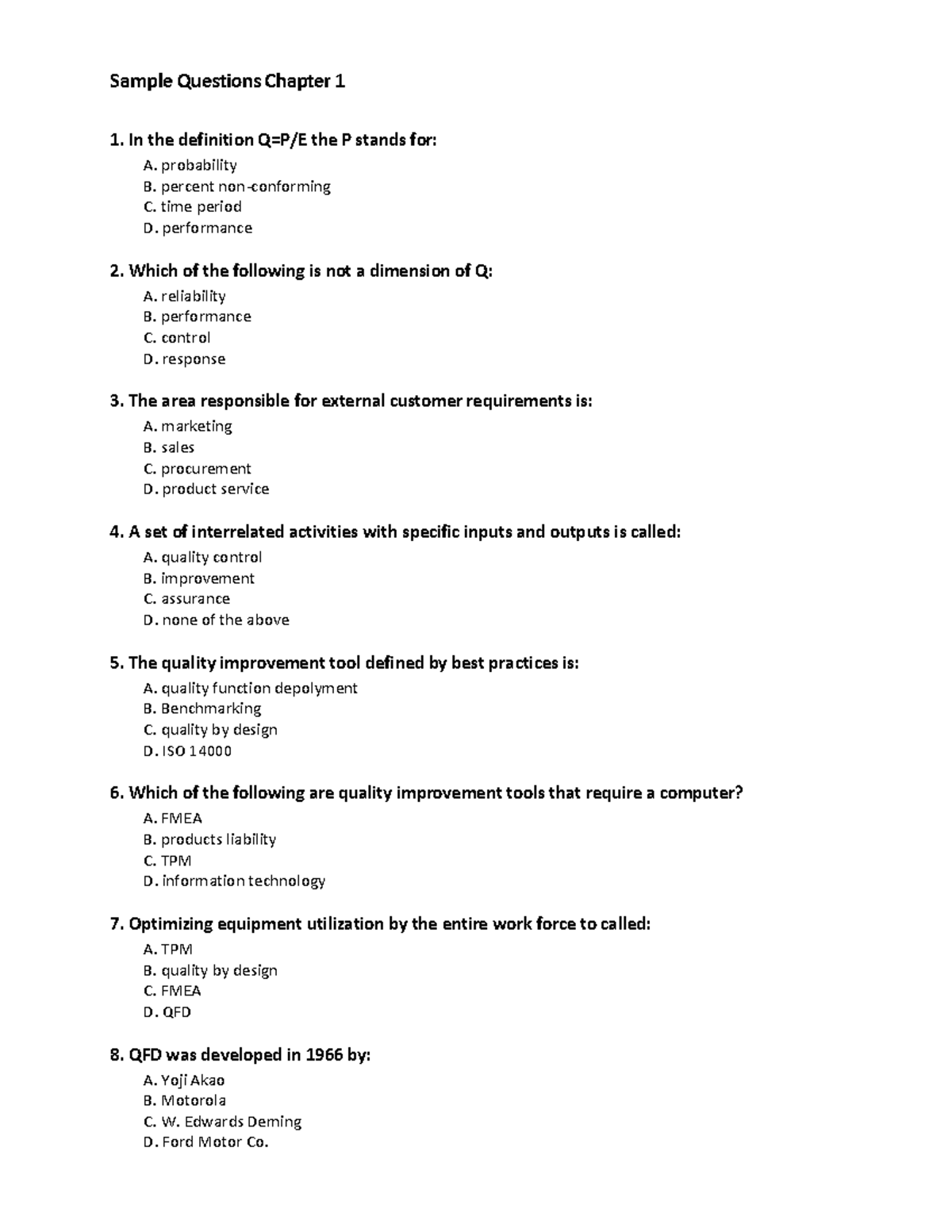 Sample Questions Chapter 1 In The Definition Q P E The P Stands For