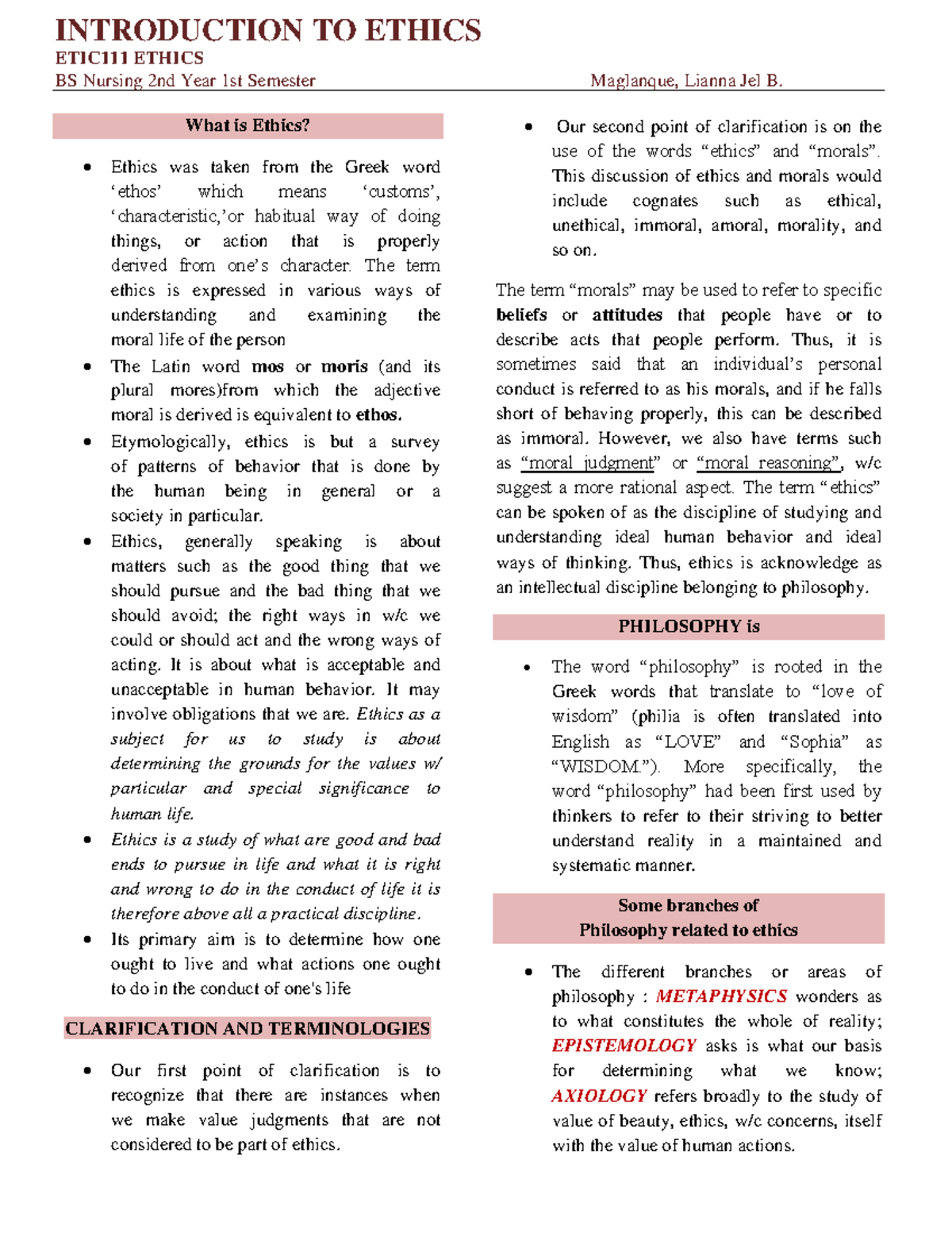 Introduction TO Ethics 2nd PPT - ETIC111 ETHICS BS Nursing 2nd Year 1st ...