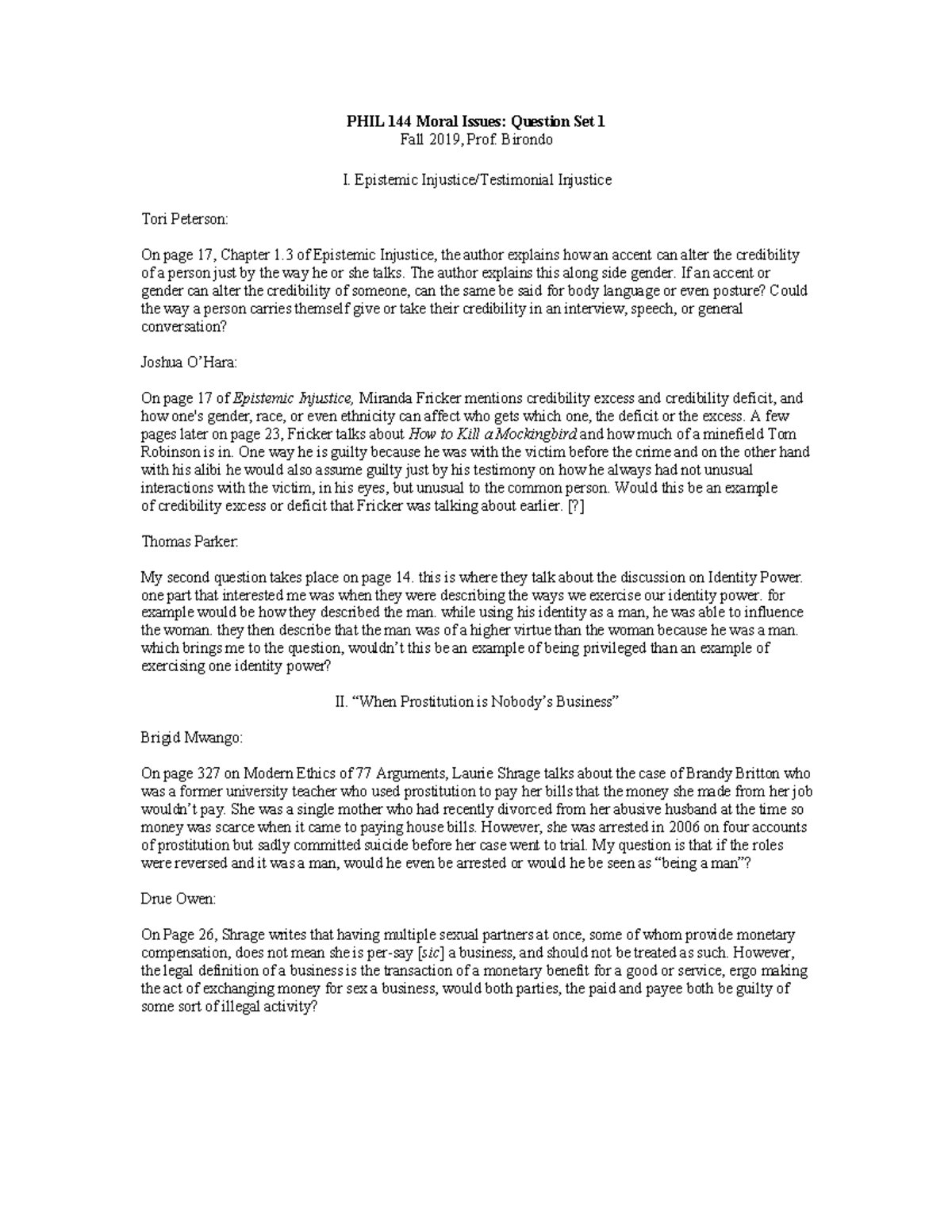 WSU 144 Q1 - Possible exam/quiz/lecture questions Dr. Birondo - PHIL ...