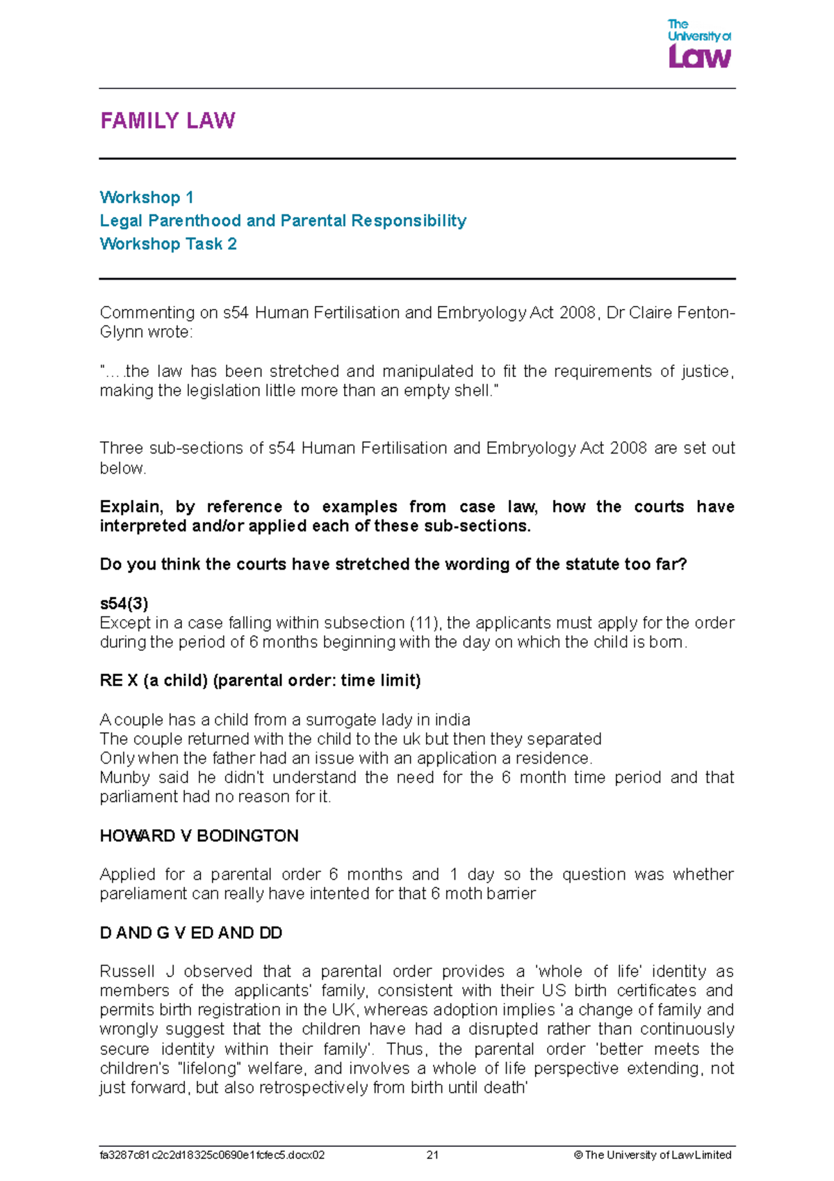 FL ET 2 - family law notes - FAMILY LAW Workshop 1 Legal Parenthood and ...