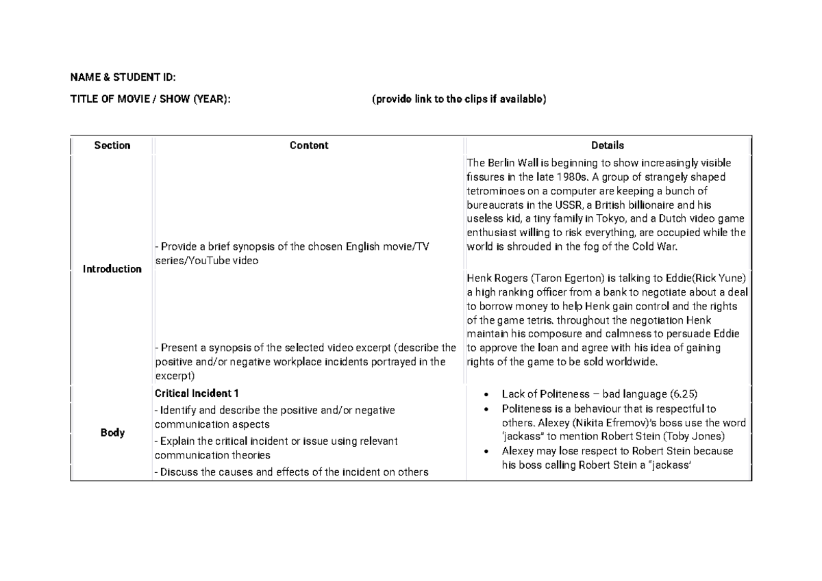 ELC650 Video Critique Outline - NAME & STUDENT ID: TITLE OF MOVIE ...