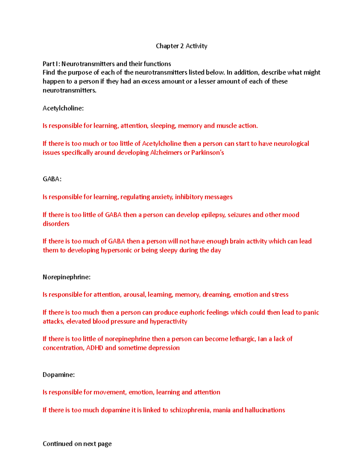 Chapter 2 Activity - Neurotransmitters and their Functions - Chapter 2 ...