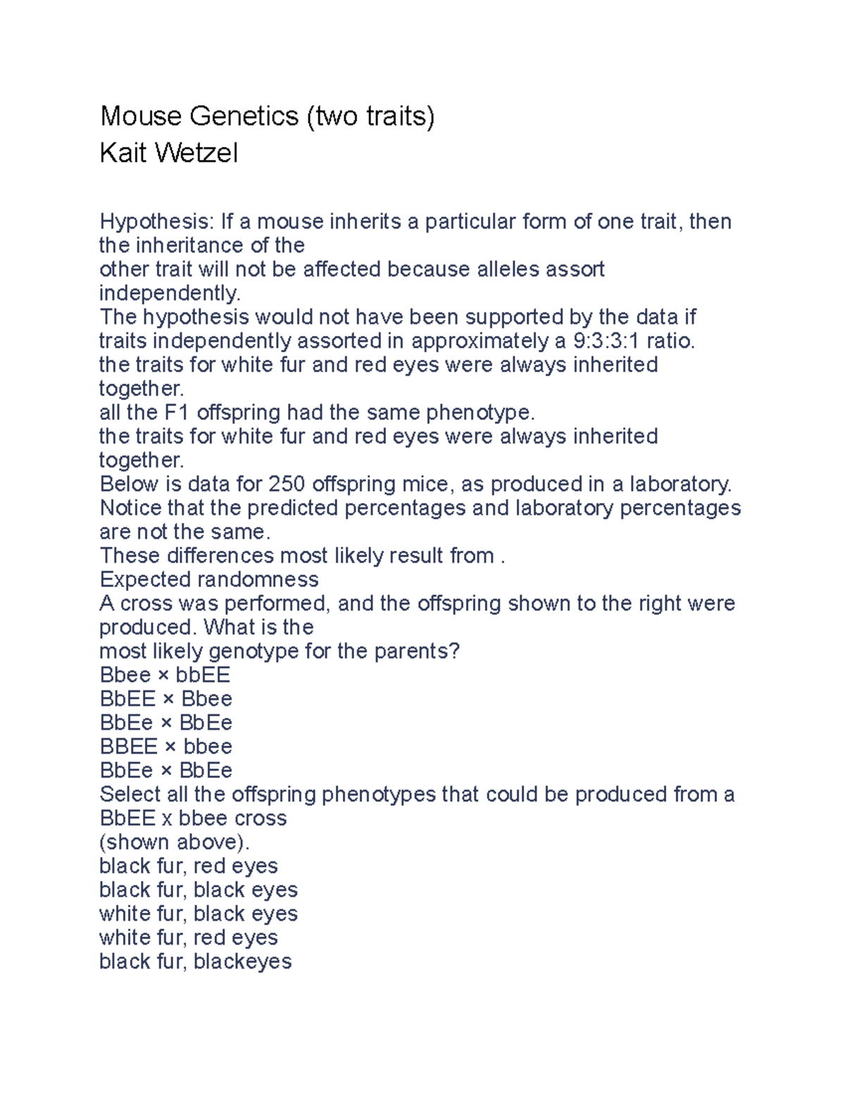 Untitled document - Mouse Genetics (two traits) Kait Wetzel Hypothesis ...