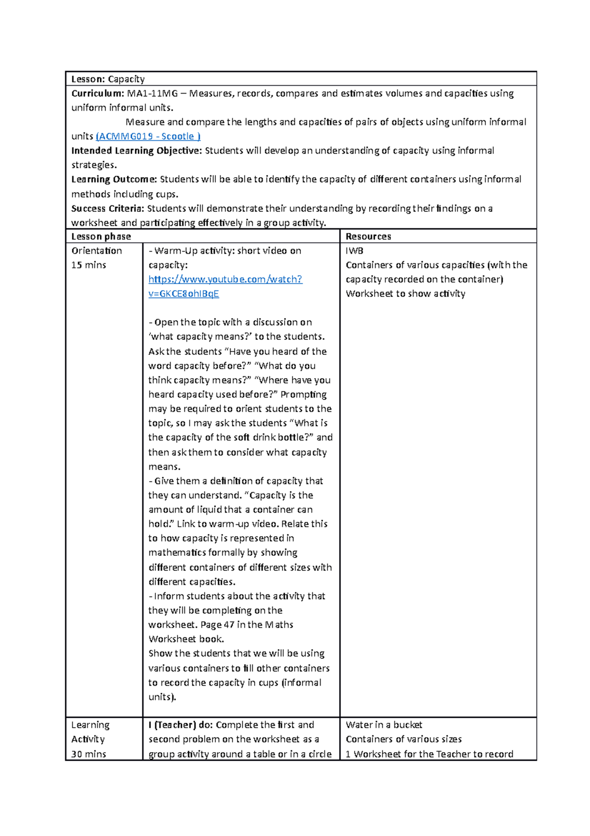 Capacity Lesson Plan - APPS 23052021 - Lesson: Capacity Curriculum: MA1 ...