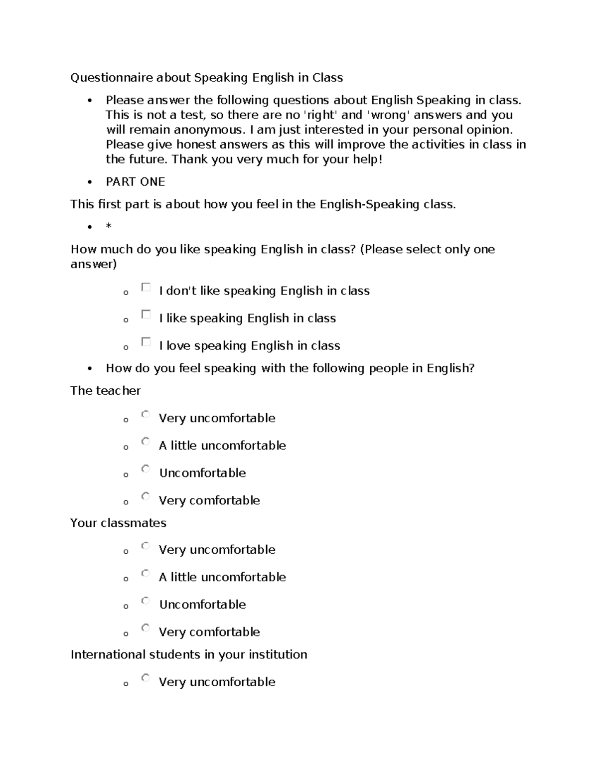 Questionnaire about Speaking English in Class - This is not a test, so ...