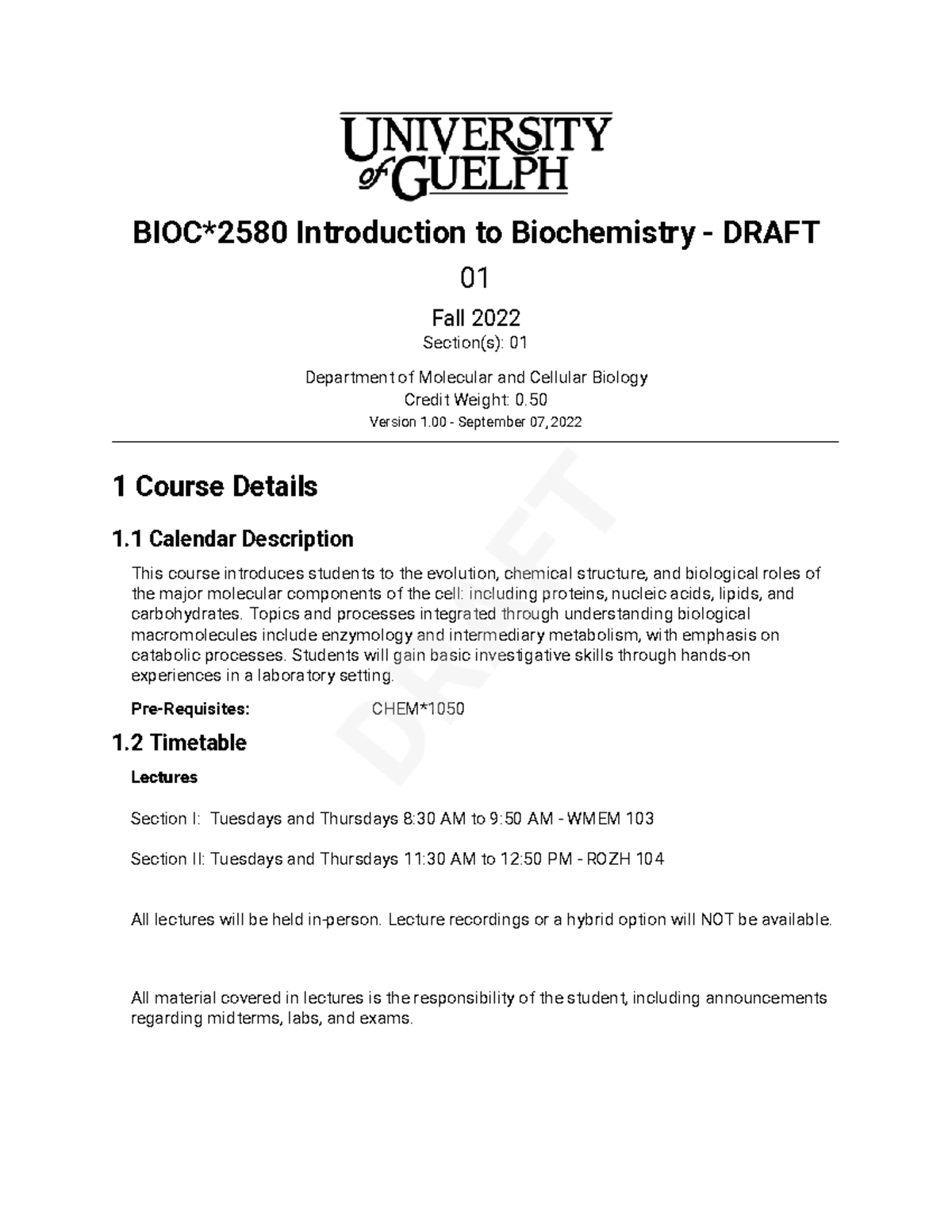 BIOC2580 Syllabus - BIOC*2580 Introduction to Biochemistry - DRAFT 01 ...