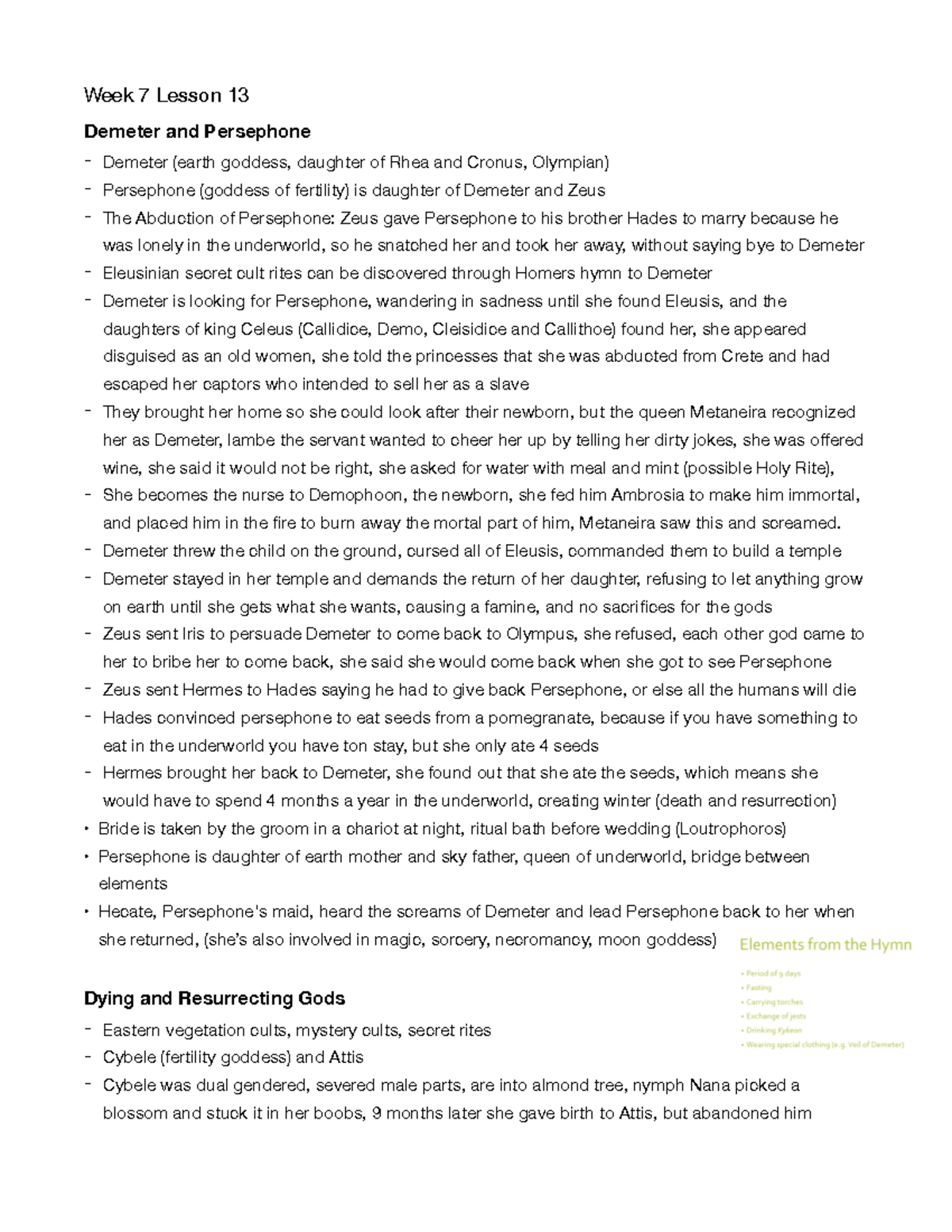 CLCV2500 study for Final - Week 7 Lesson 13 Demeter and Persephone ...