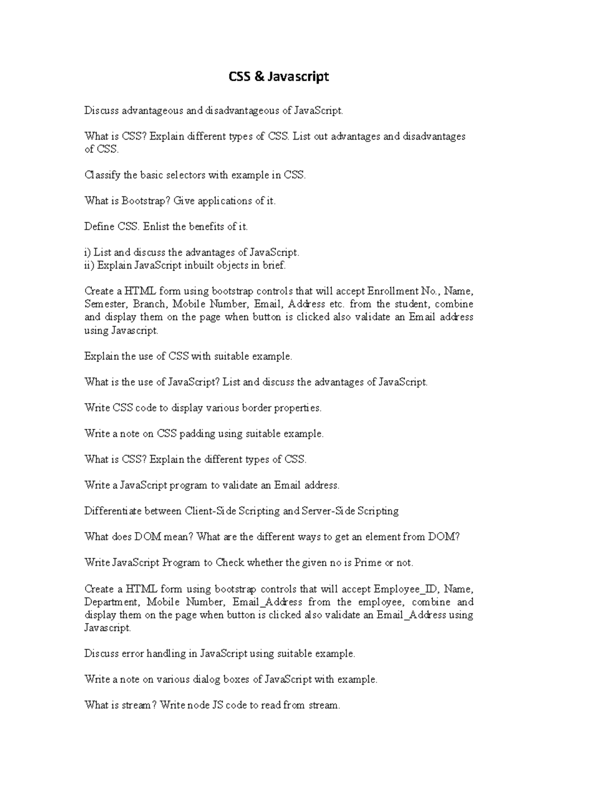 AWP QUE - AWP IMP QUESTIONS - CSS & Javascript Discuss advantageous and disadvantageous of - Studocu