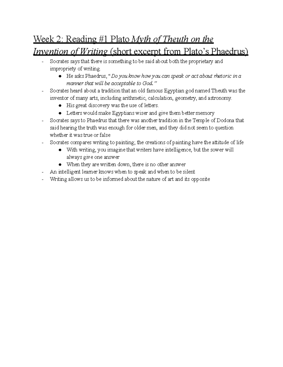 English 25 Week 2 Reading 1 - Week 2: Reading #1 Plato Myth of Theuth ...