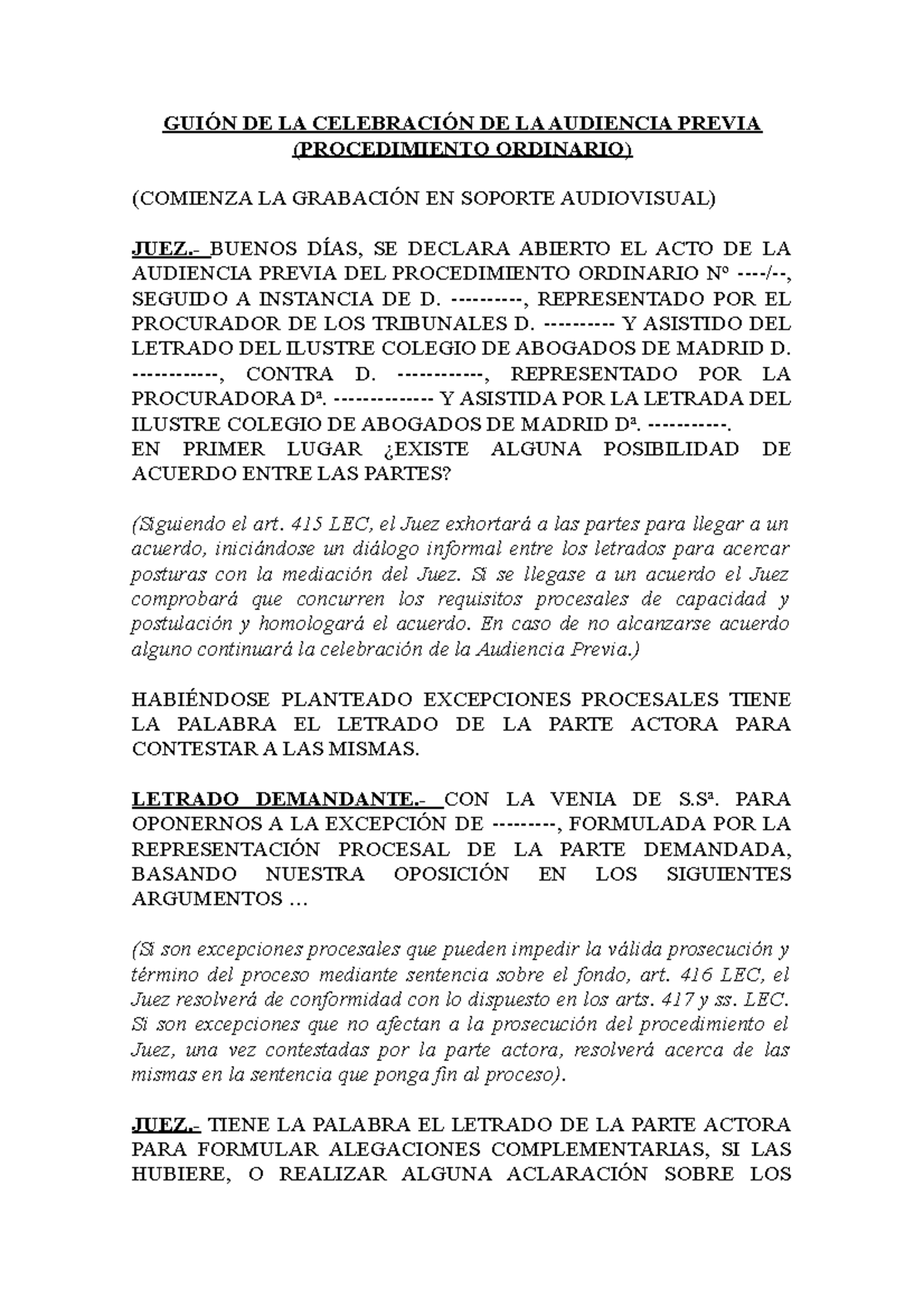 Guioì N DE LA Celebracioì N DE LA Audiencia Previa - GUIÓN DE LA ...