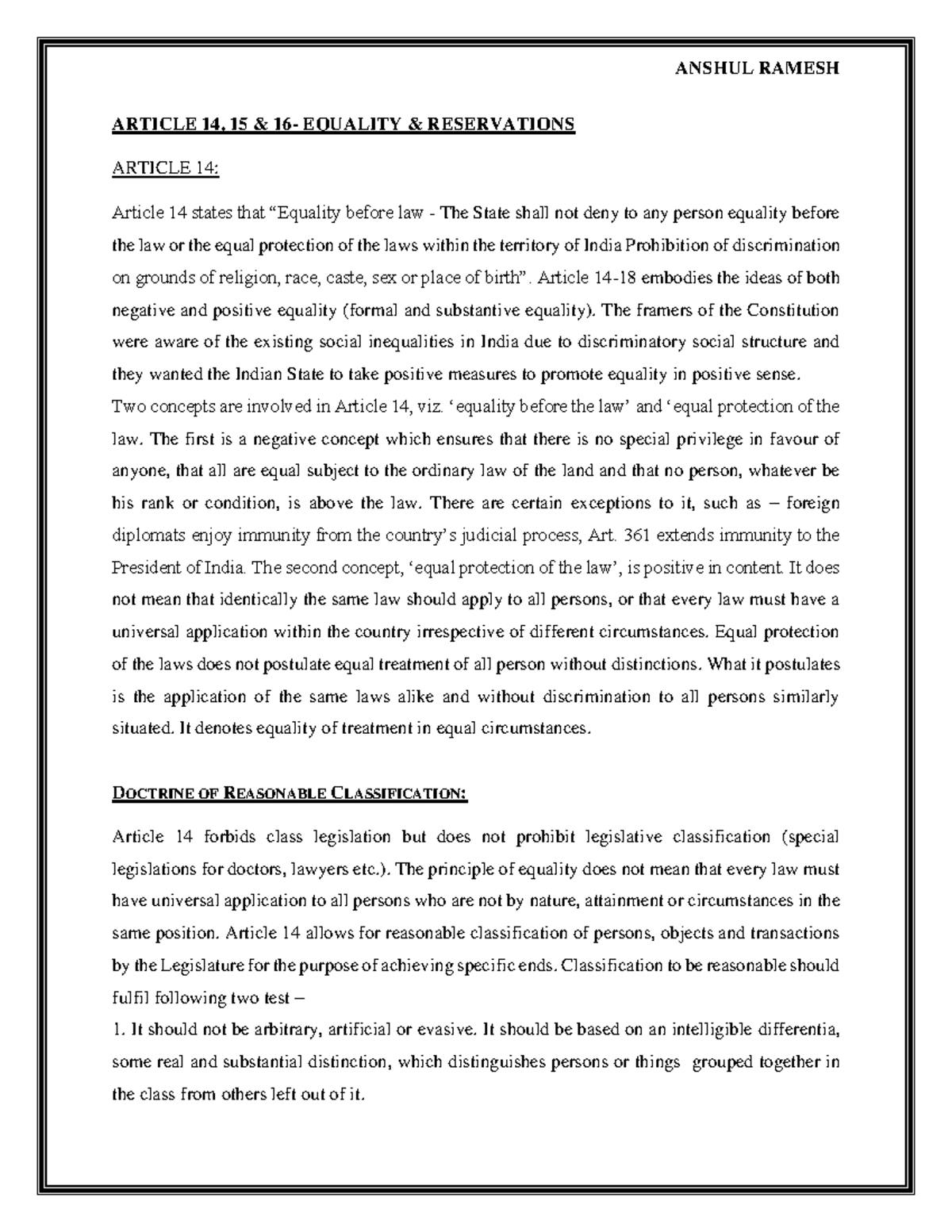 Article 14, 15 & 16 - notes - ARTICLE 14, 15 & 16- EQUALITY ...