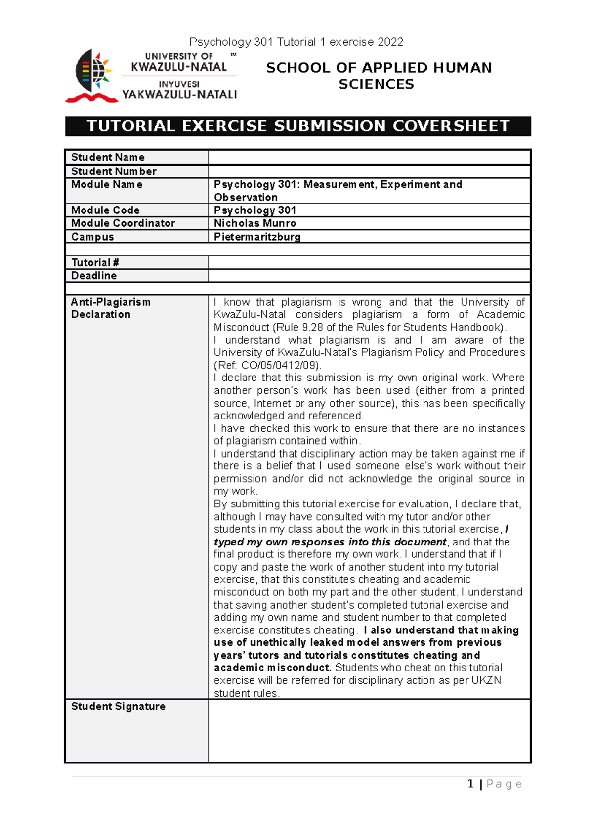 Psych 301 22 Tut 1 exercise - SCHOOL OF APPLIED HUMAN SCIENCES TUTORIAL ...