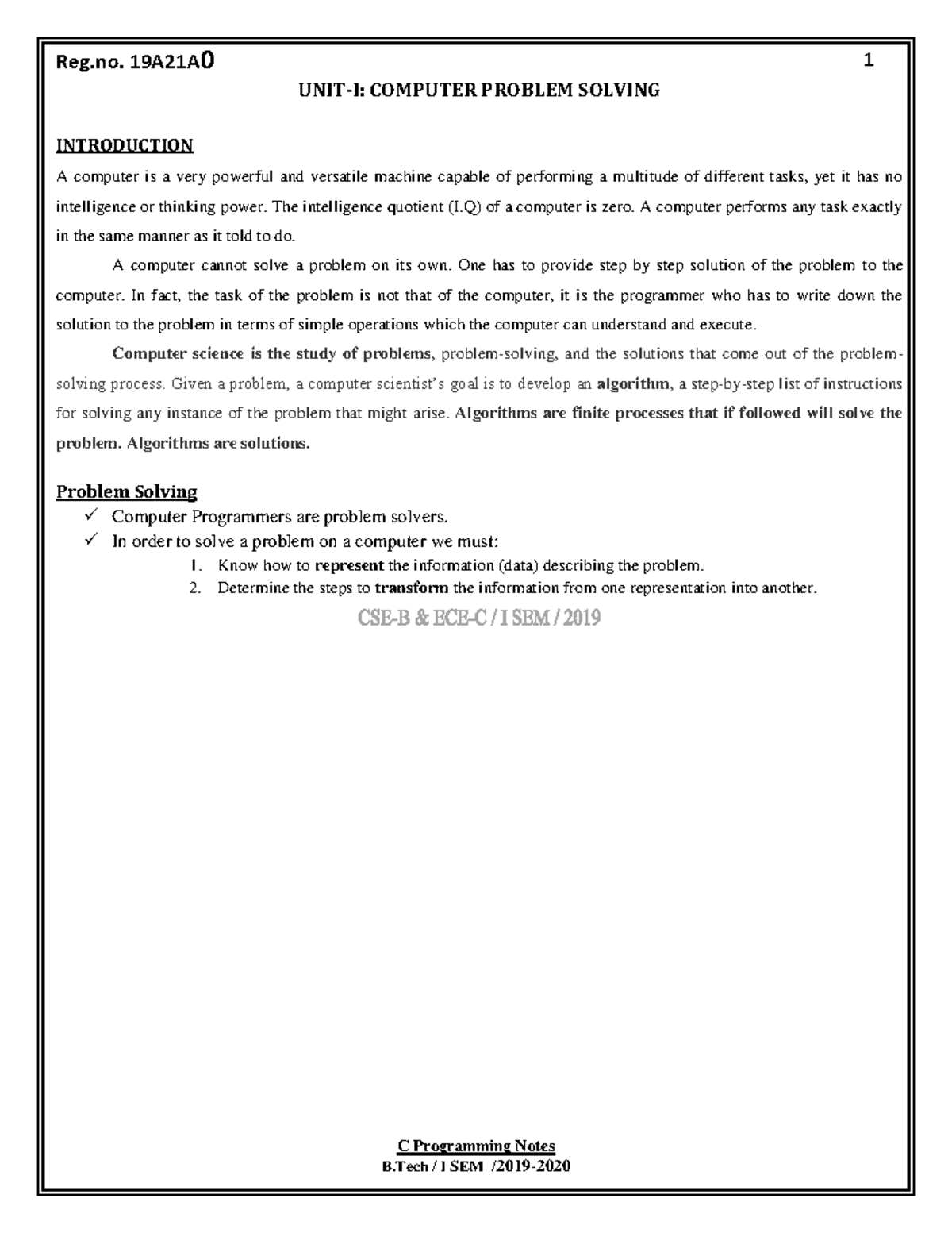 2. Problem Solving brief notes - UNIT-I: COMPUTER PROBLEM SOLVING C ...