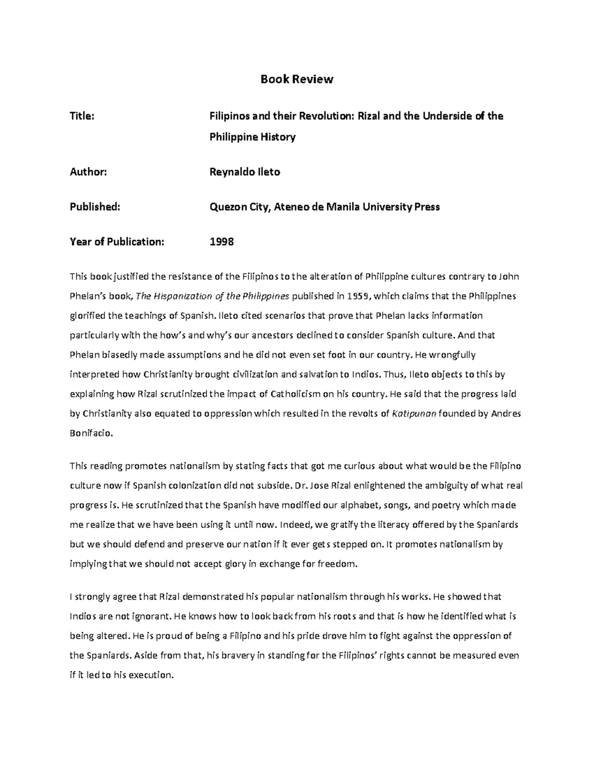 02 Activity Filipinos and their Revolution Review - Book Review Title ...