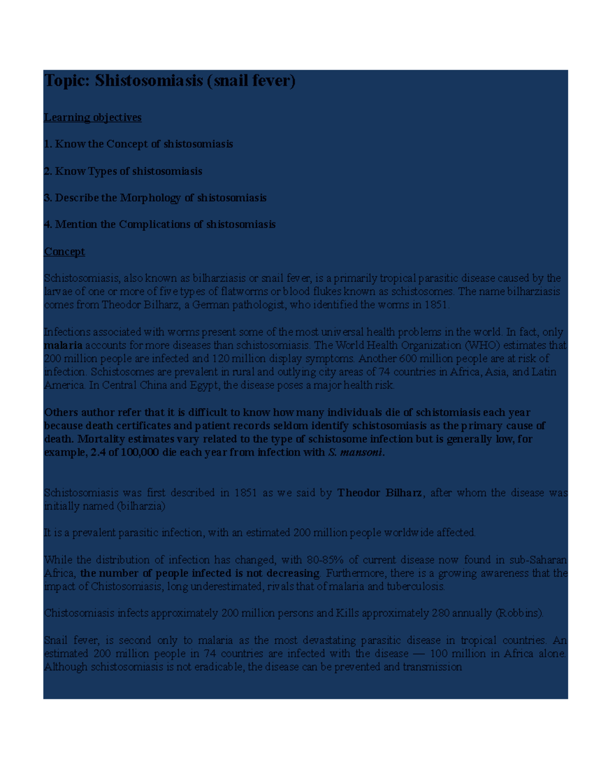 Schistosomiasis - notes - Topic: Shistosomiasis (snail fever) Learning ...