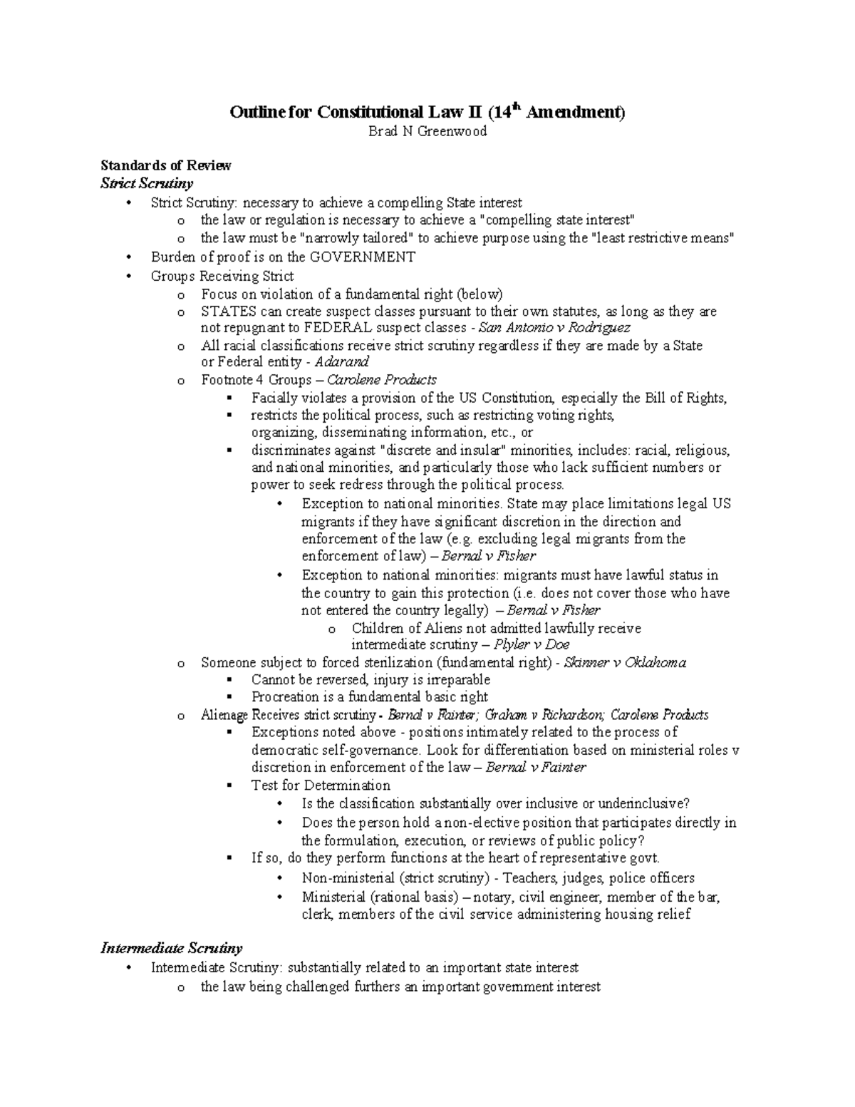 Con Law II Outline - Outline for Constitutional Law II ( th Amendment ...