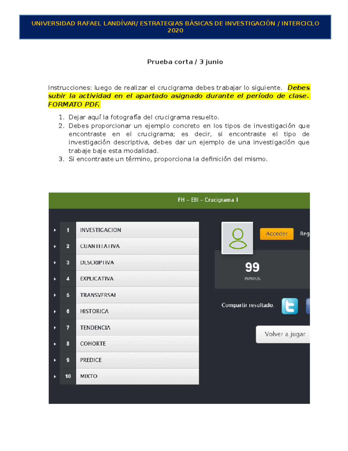 Prueba corta 3 junio crucigrama - Prueba corta / 3 junio Instrucciones ...