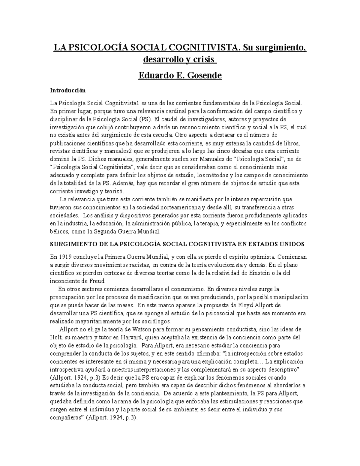 Cognitivista Gosende - apunte - LA PSICOLOGÍA SOCIAL COGNITIVISTA. Su ...