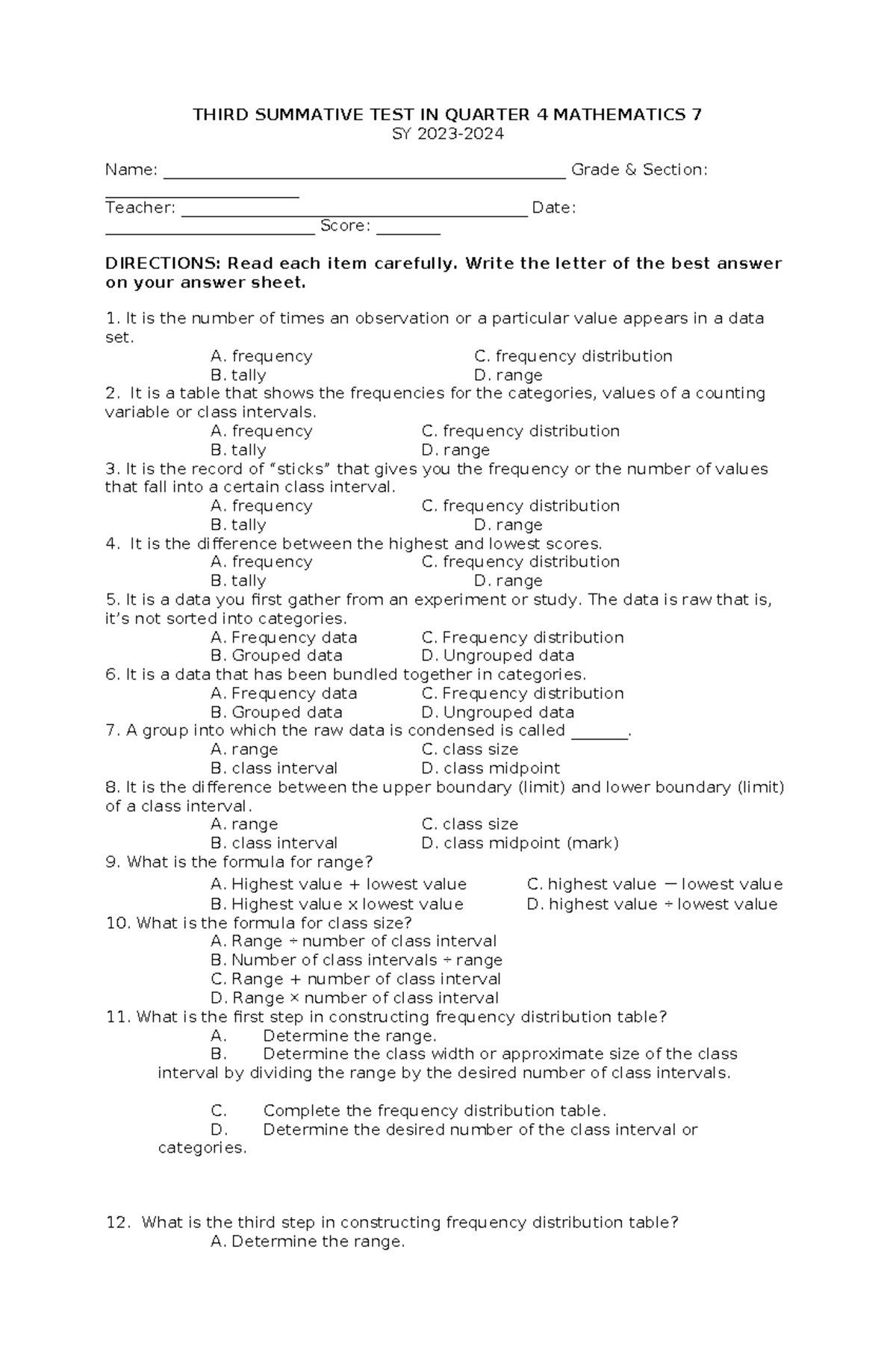 Summative test 3 math q4 - THIRD SUMMATIVE TEST IN QUARTER 4 ...