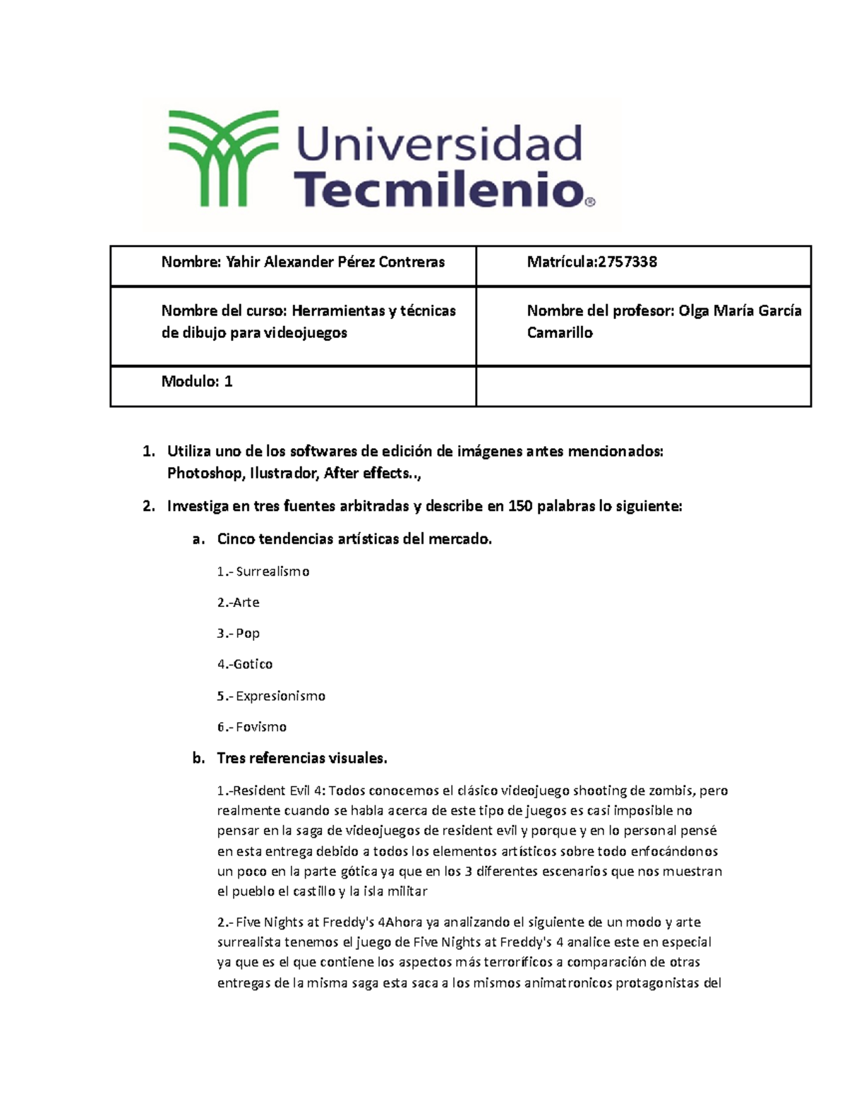 Act 4 Herramientas y técnicas de dibujo para videoju - Nombre: Yahir ...